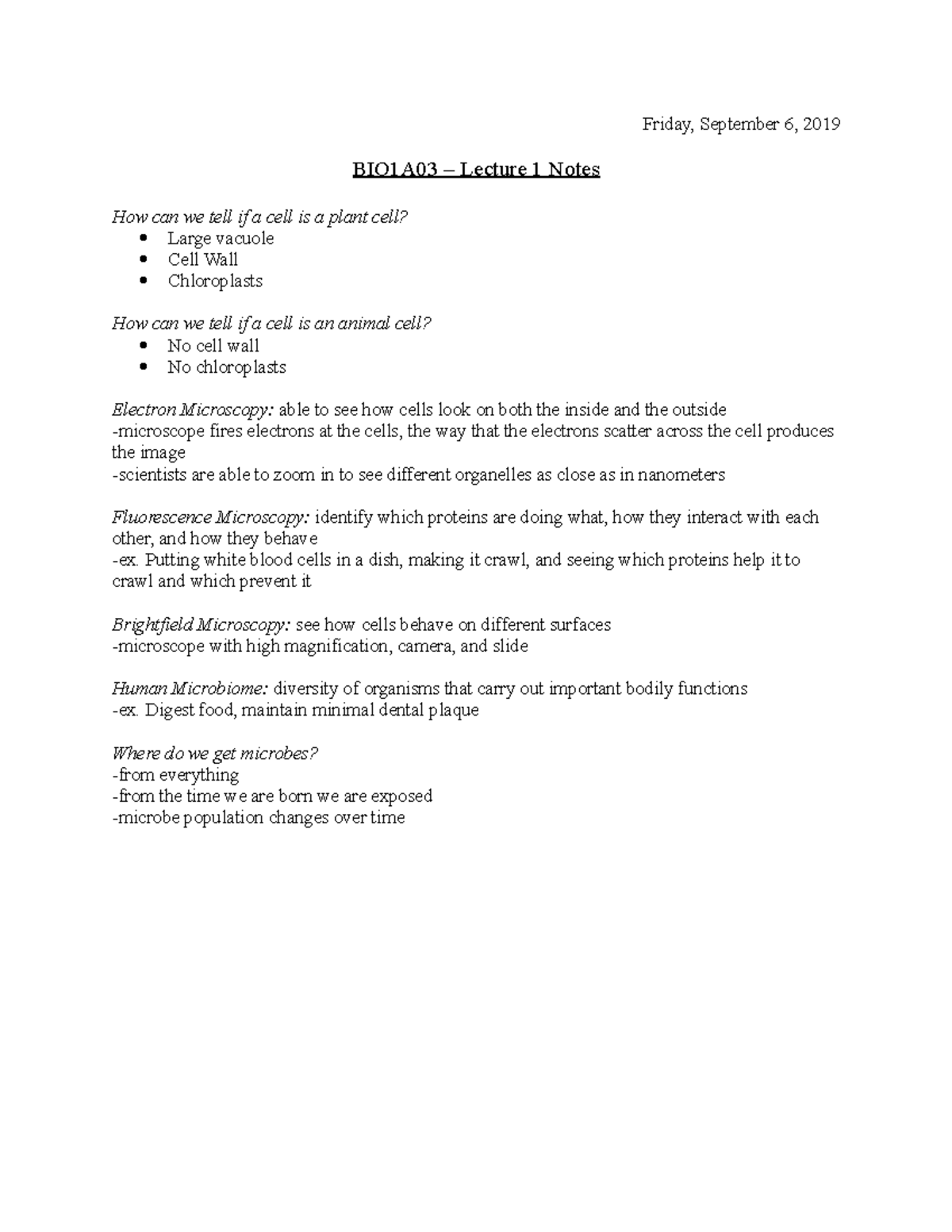 BIO1A03 - Lecture 1 Notes - Friday, September 6, 2019 BIO1A03 – Lecture ...