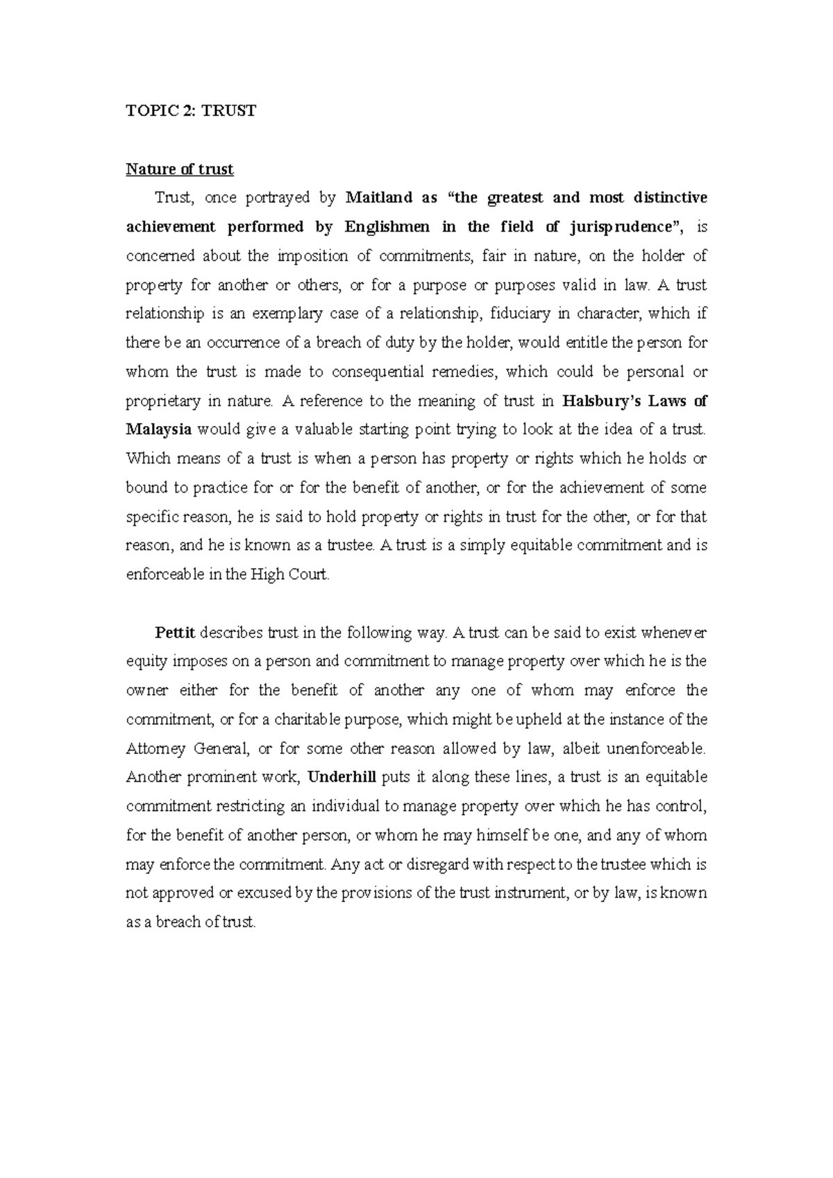 Topic 2 - Lecture notes 2 - TOPIC 2: TRUST Nature of trust Trust, once ...