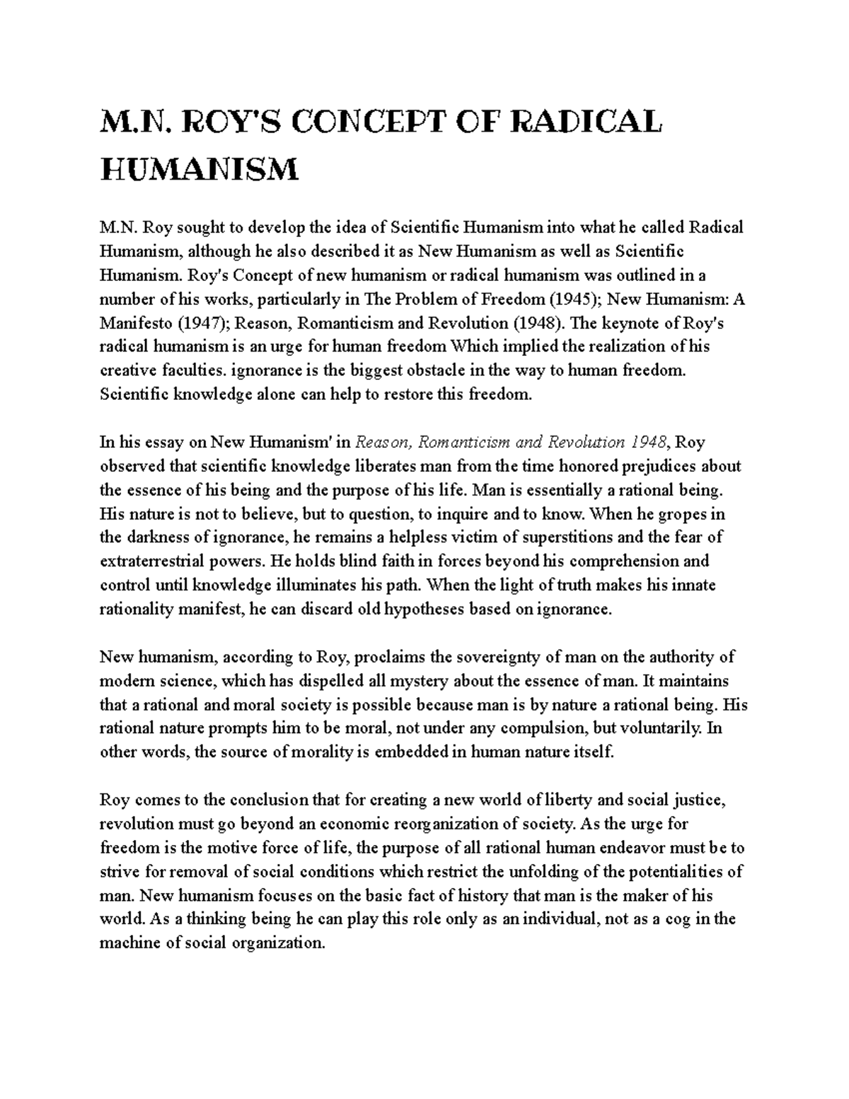 1.4 Radical Humanism - POL SCI - M. ROY'S CONCEPT OF RADICAL HUMANISM M ...