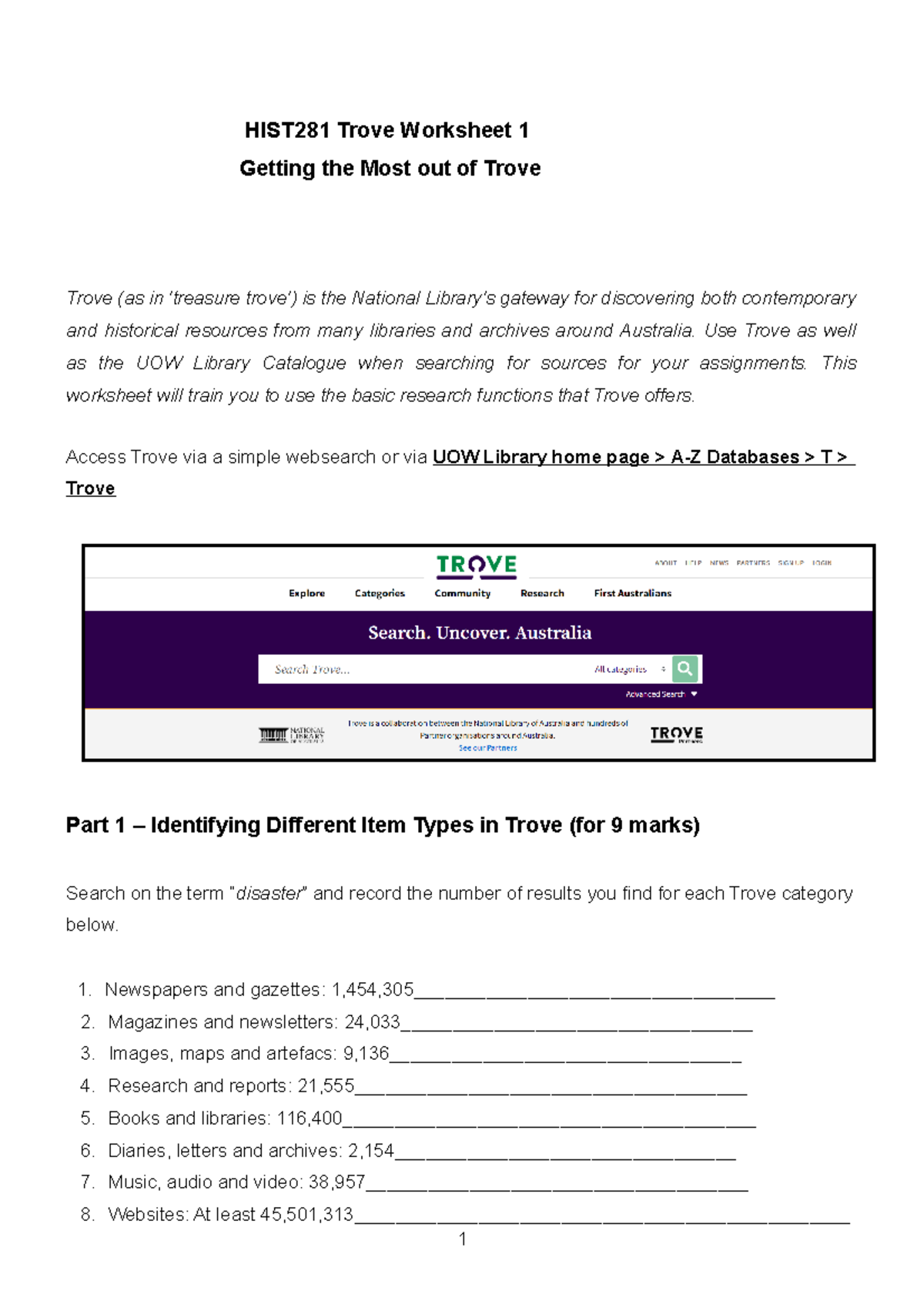 Trove Worksheet 1 - Use Trove as well as the UOW Library Catalogue when searching for sources ...