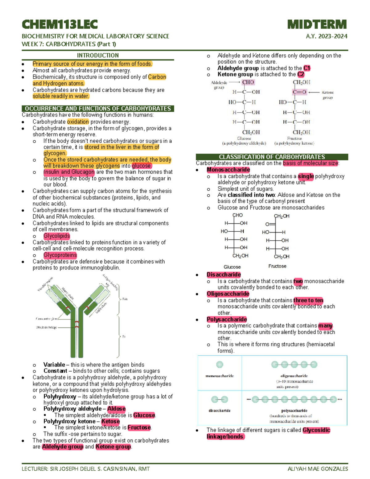 Carbohydrates PART 1 - CHEM113LEC MIDTERM BIOCHEMISTRY FOR MEDICAL ...