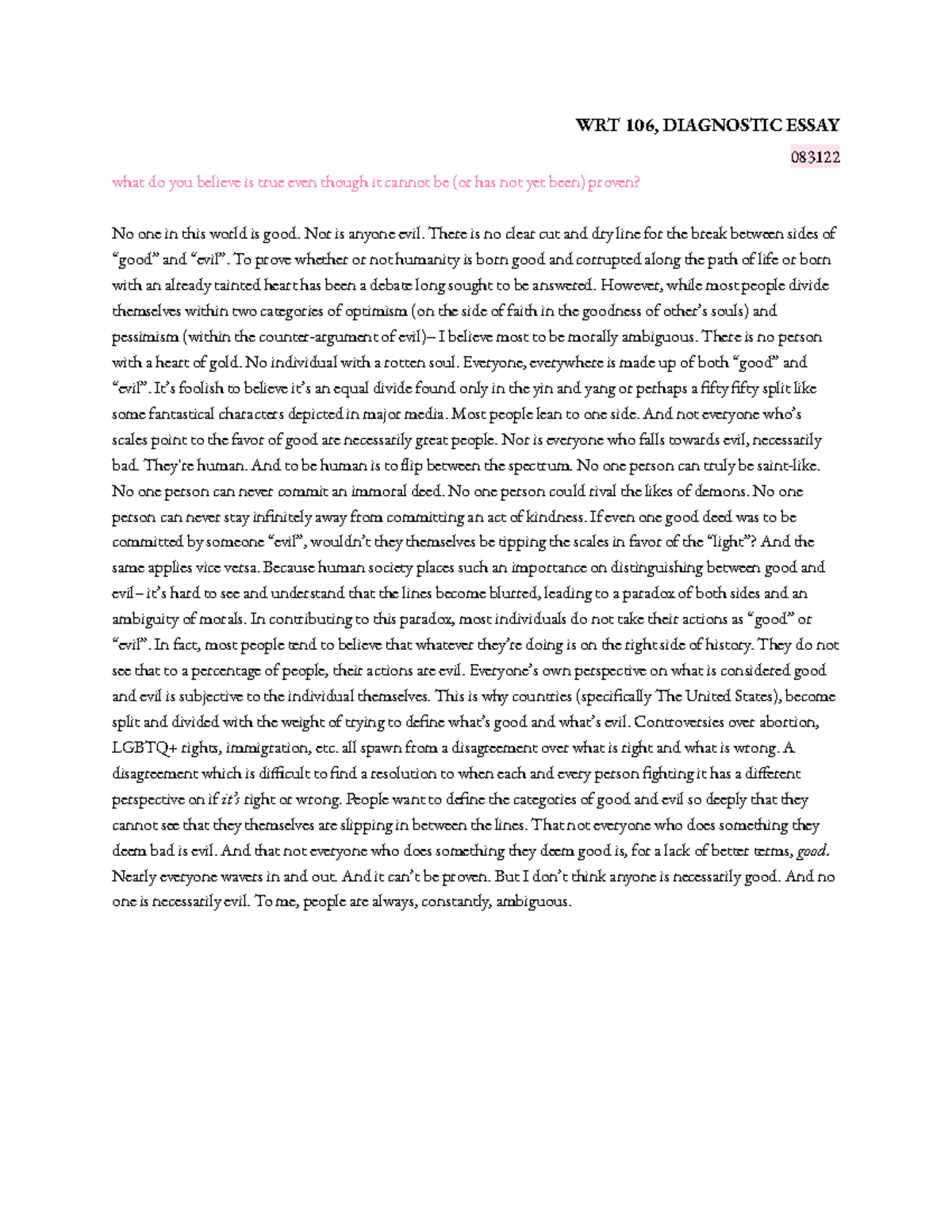 WRT 106 College Writing Intensive Diagnostic Essay - WRT 106 ...