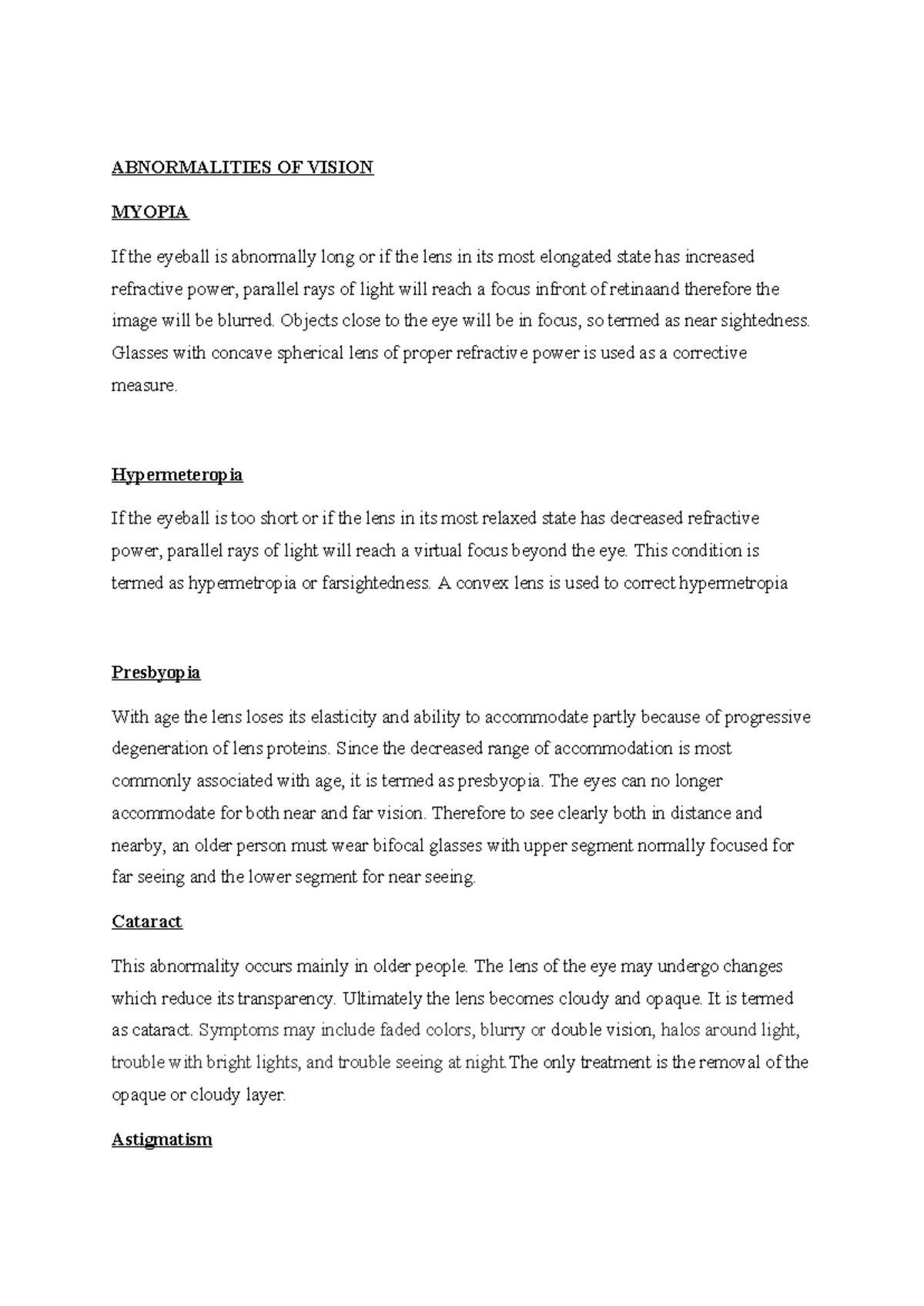 Abnormalities OF Vision - ABNORMALITIES OF VISION MYOPIA If the eyeball ...
