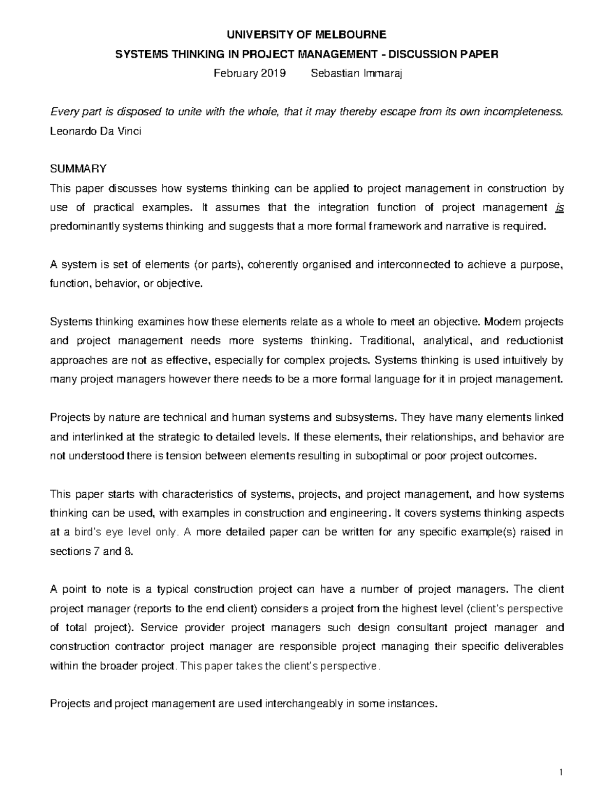 Systems Thinking in Proj Mgt Discussion Paper S Immaraj - ABPL30055 ...