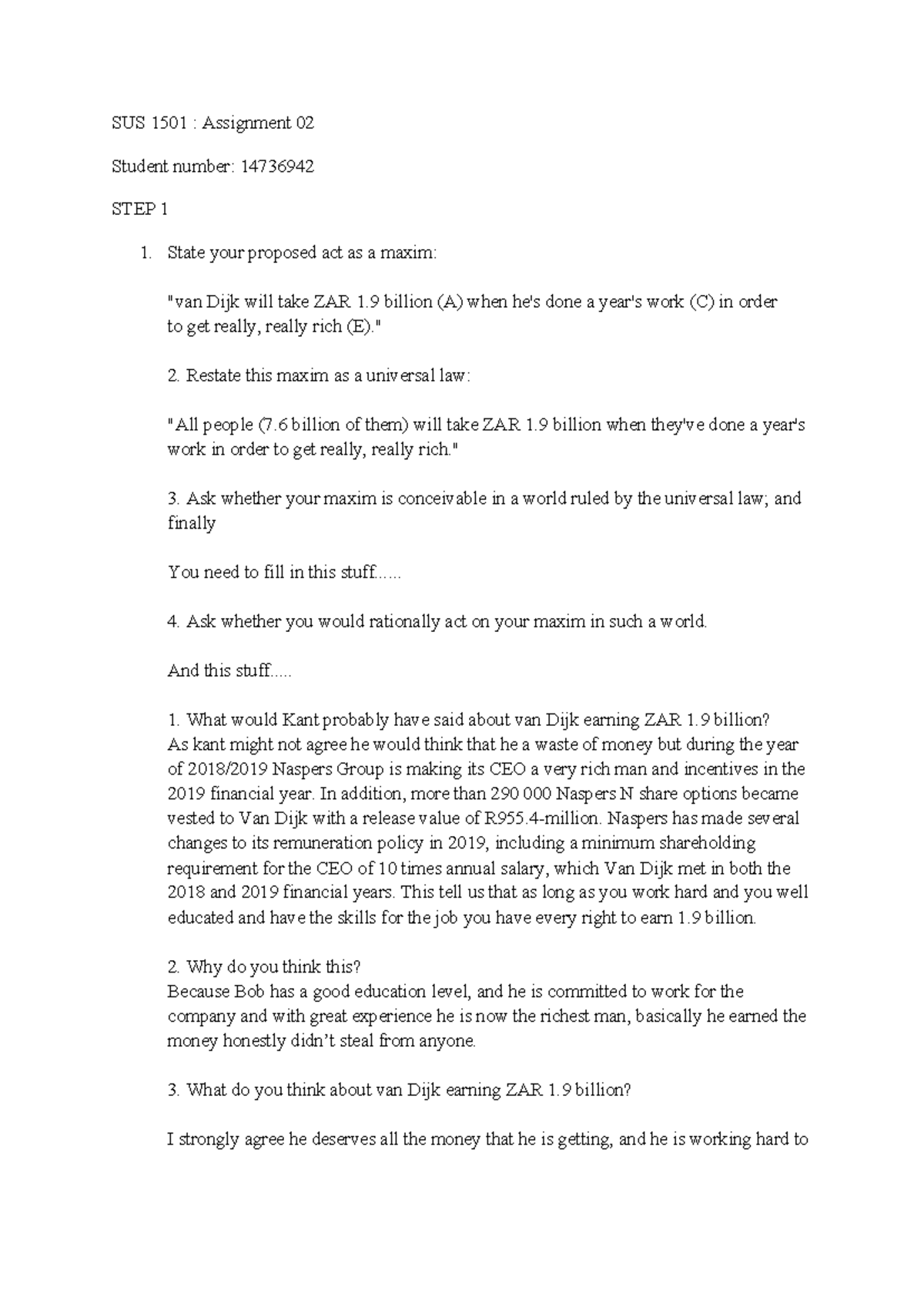 State your proposed act as a maxim - SUS 1501 : Assignment 02 Student ...