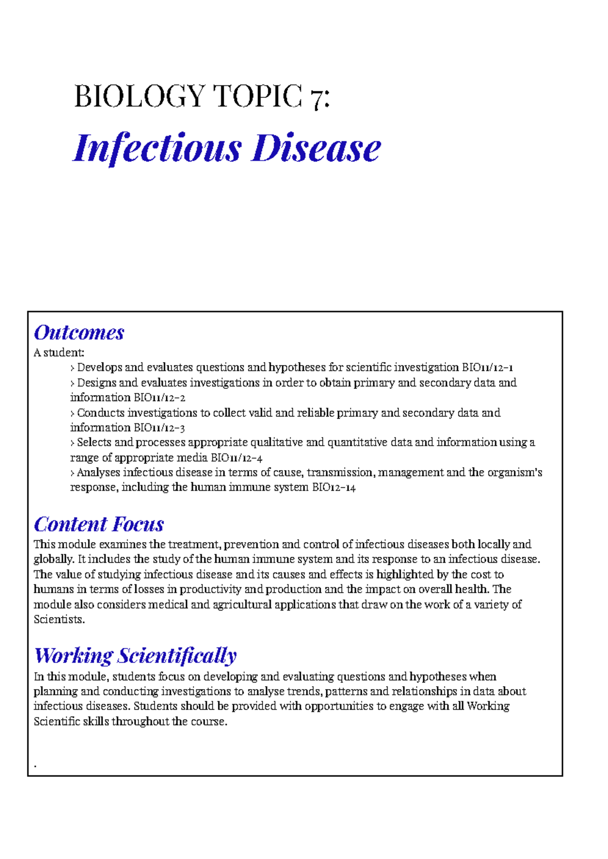 Module 7 Notes structure - BIOLOGY TOPIC 7: Infectious Disease Outcomes ...