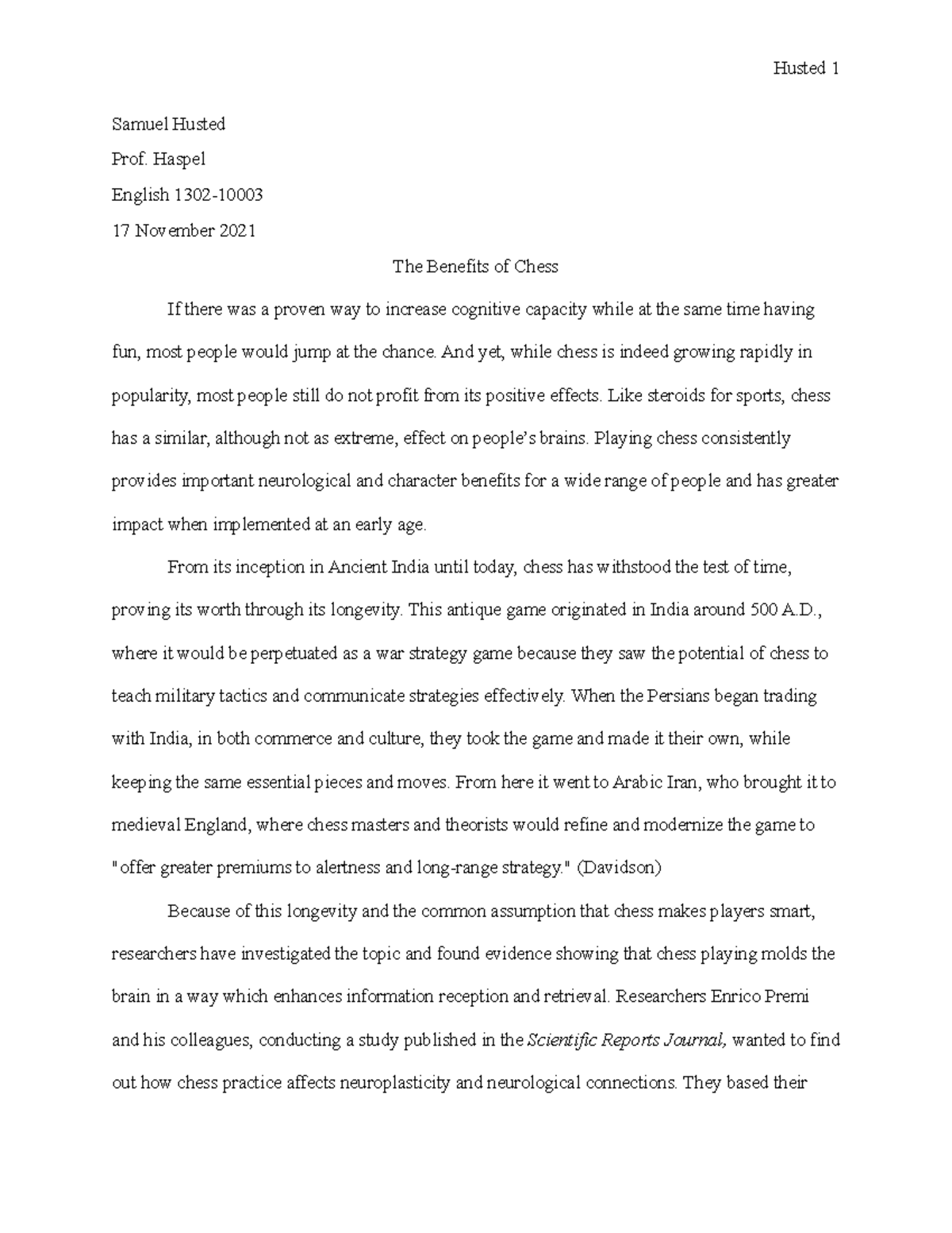 The Benefits of Chess Final Draft - Samuel Husted Prof. Haspel English ...