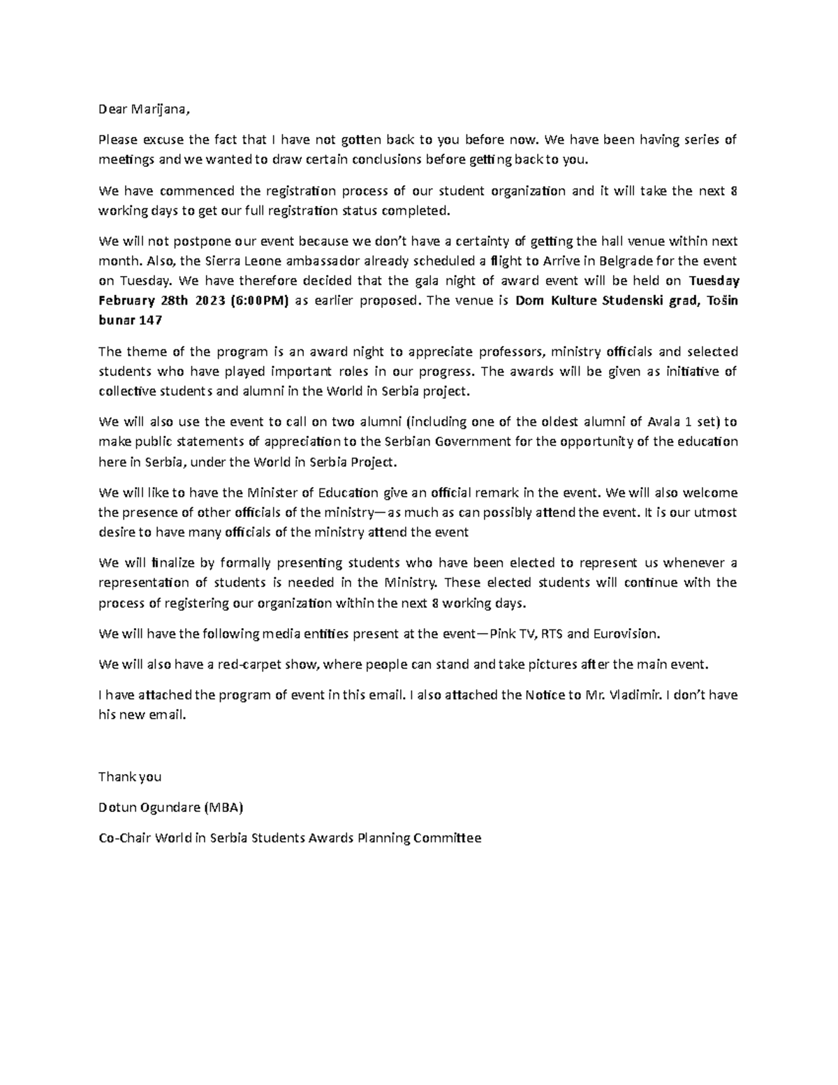 Marijana letter 1 - sample MC script - Dear Marijana, Please excuse the ...