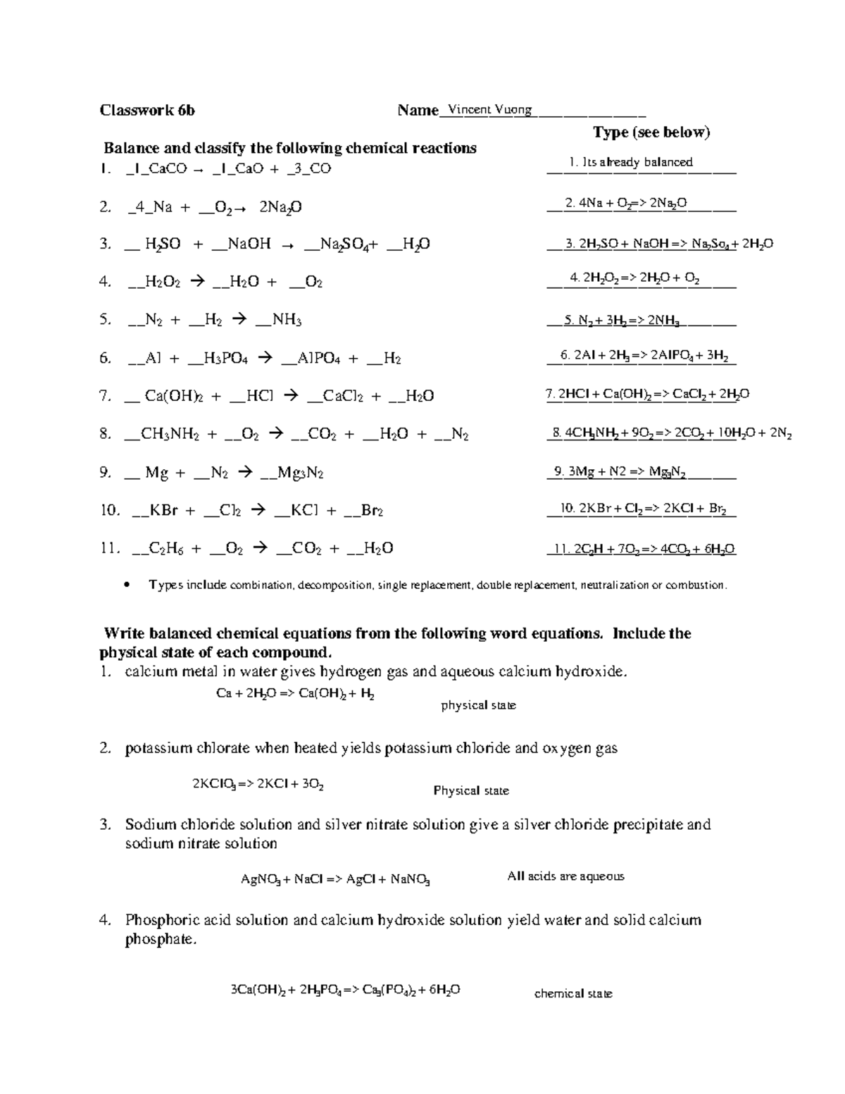 Classwork 6b Write Balanced Chemical Equations From The Following