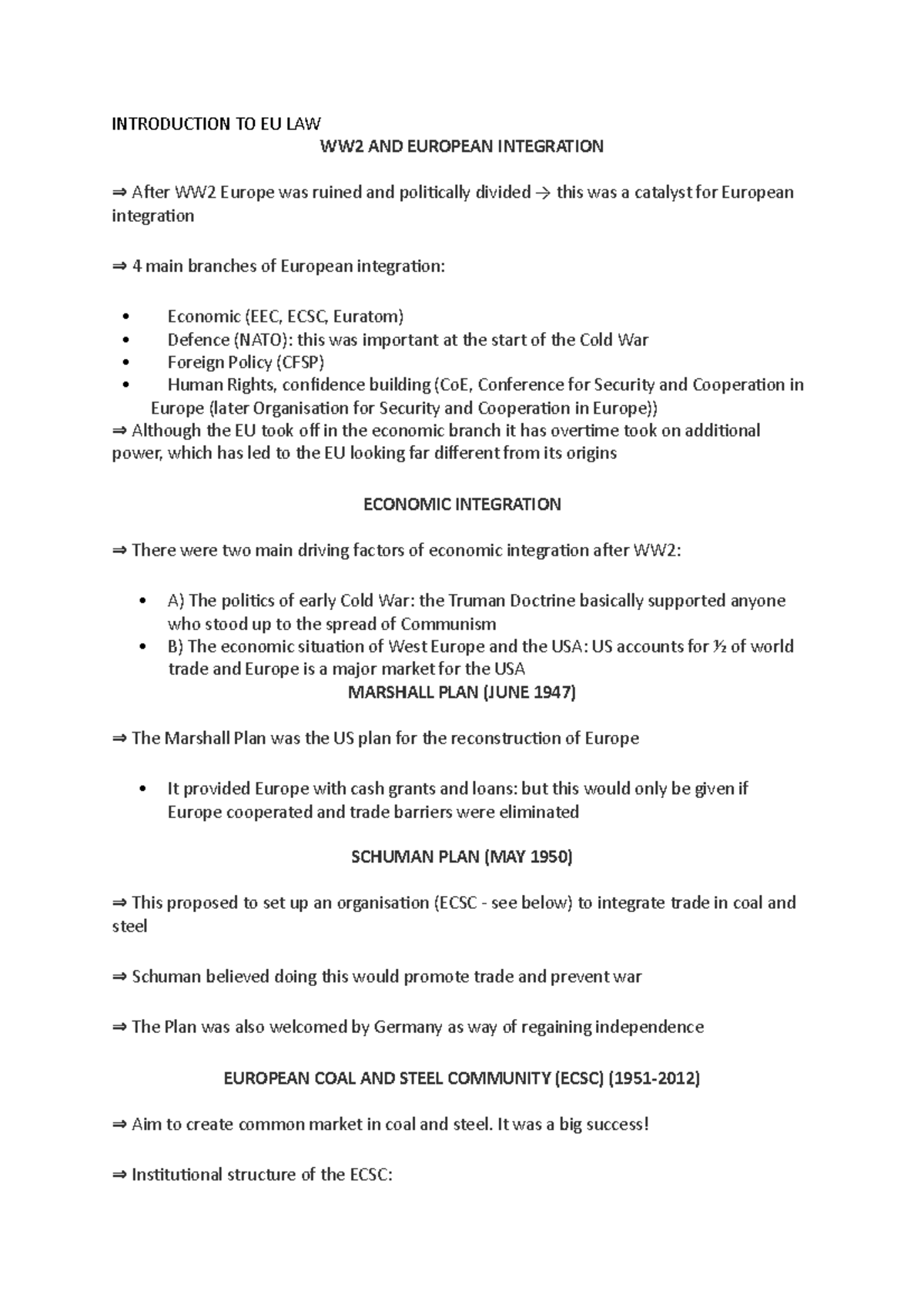 Notes - Tutorial work - INTRODUCTION TO EU LAW WW2 AND EUROPEAN ...