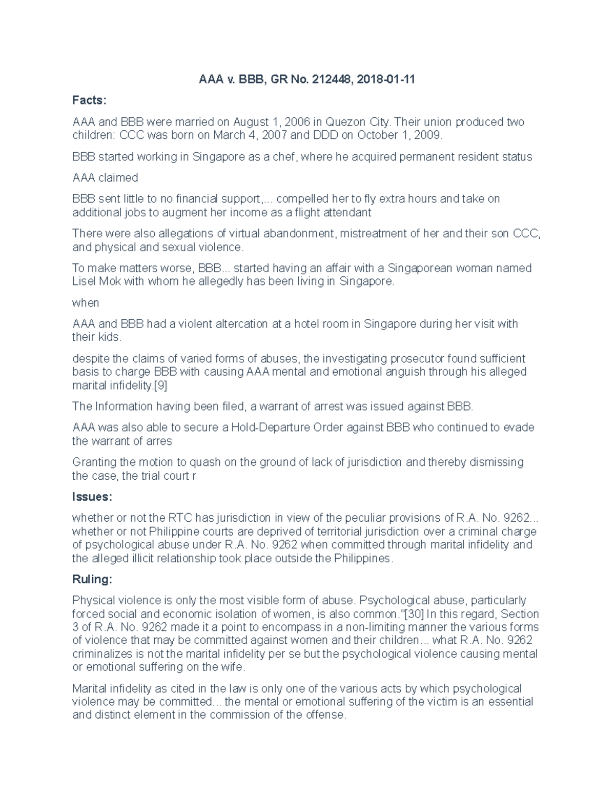 AAA v. BBB, GR No. 212448, 2018-01-11 - AAA v. BBB, GR No. 212448, 2018 ...