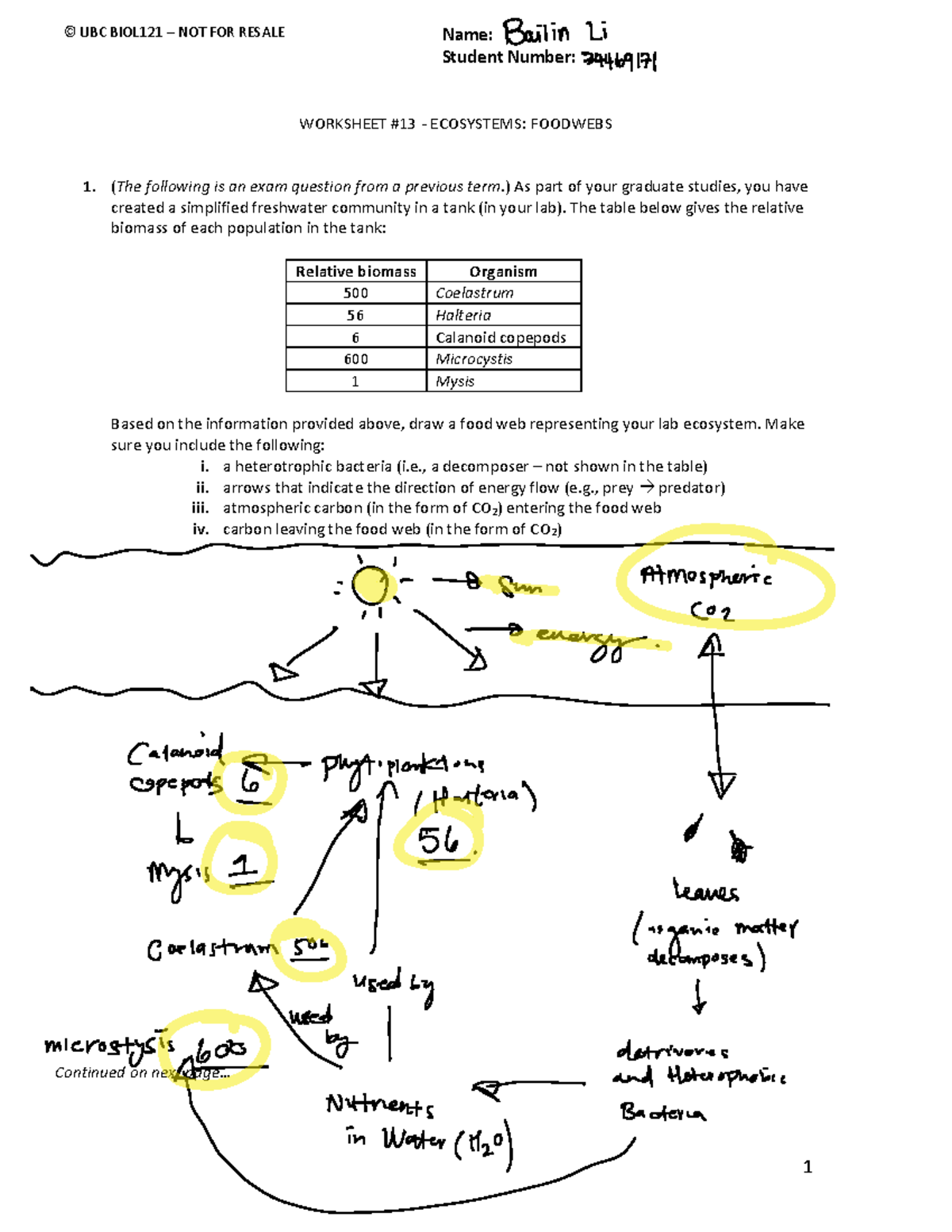 Food webs - Food webs for ecology - © UBC BIOL121 – NOT FOR RESALE Name ...