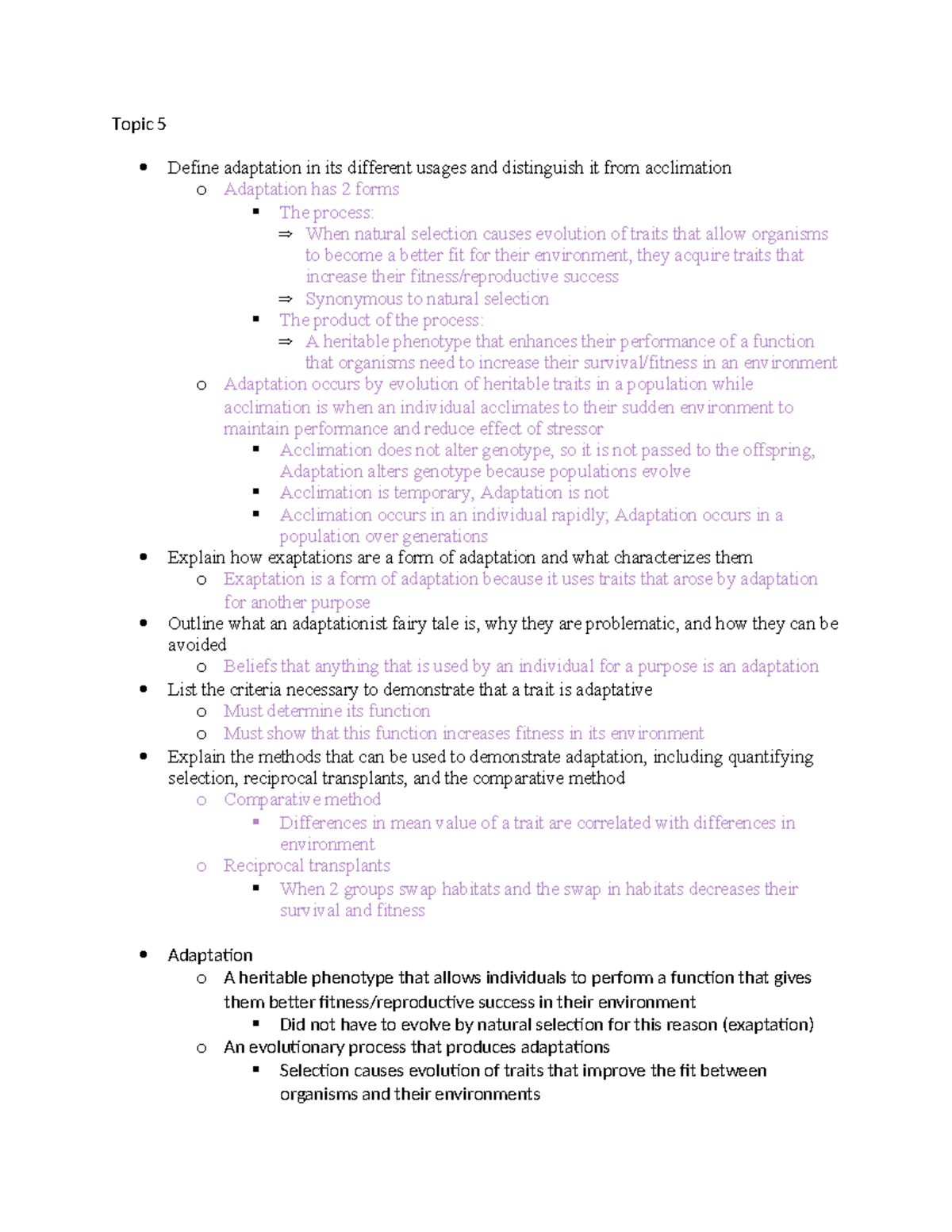 Topic 5 - notes - Topic 5 Define adaptation in its different usages and ...