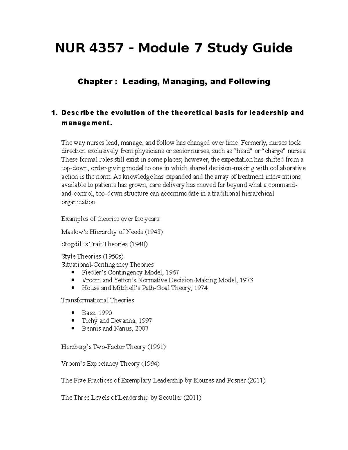 Leadership Module 1 Study Guide - NUR 4357 - Module 7 Study Guide ...
