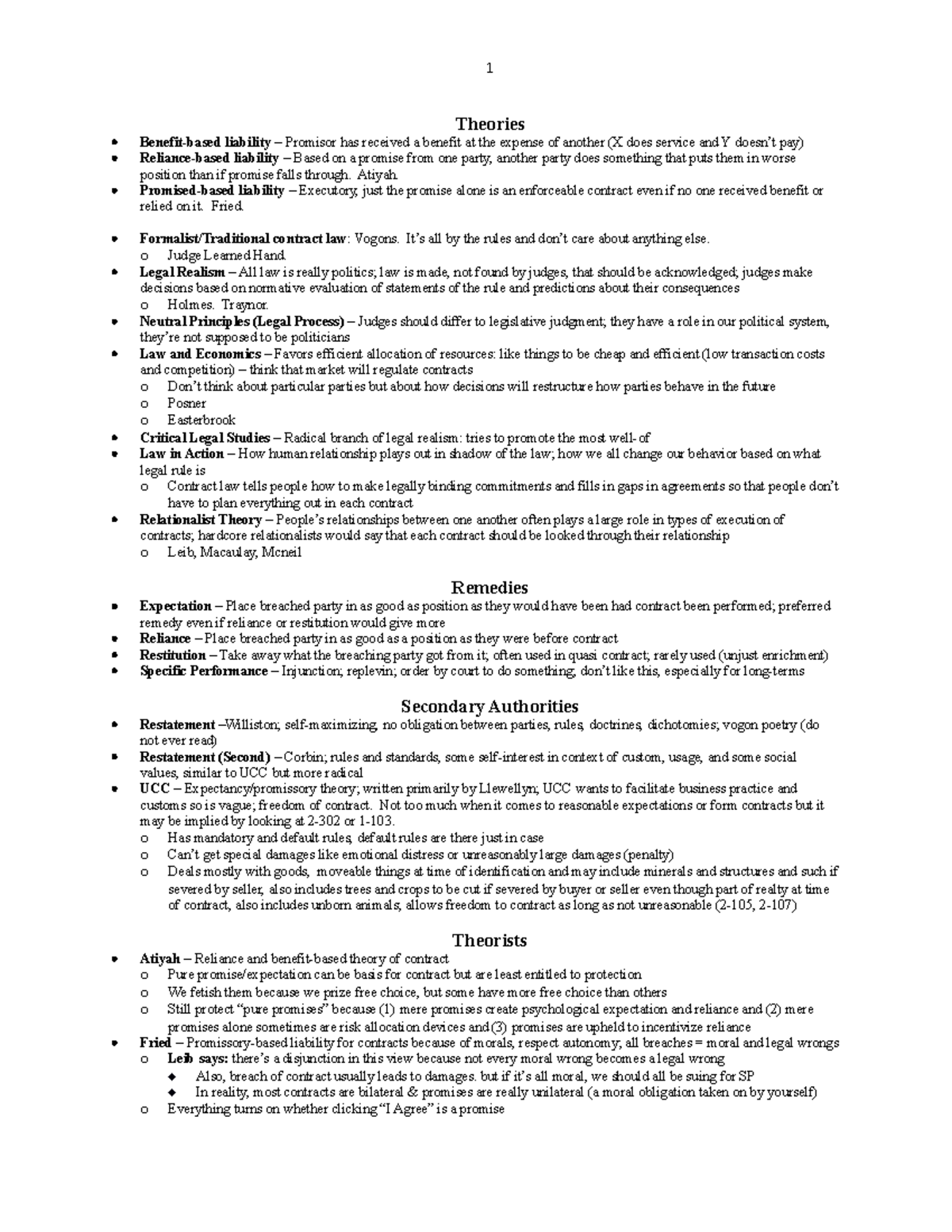 Contracts Law Outline - 3 - Theories Benefit-based liability – Promisor ...