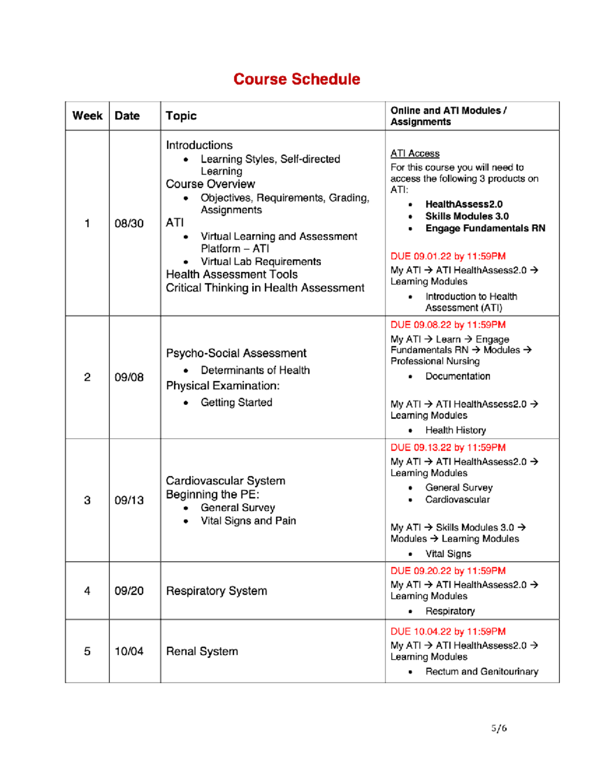 Hlth Assess Syllabus - nnnnn - Course Schedule Online and ATI Modules ...