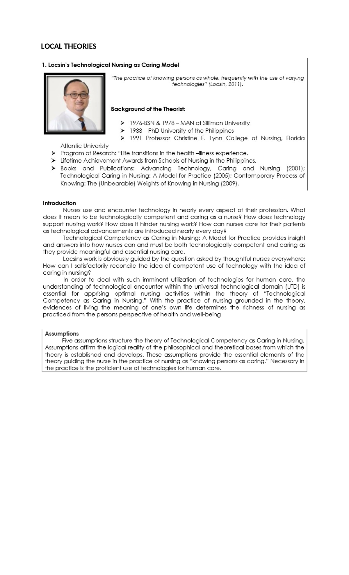 Local Theories - Nursing - LOCAL THEORIES - Studocu