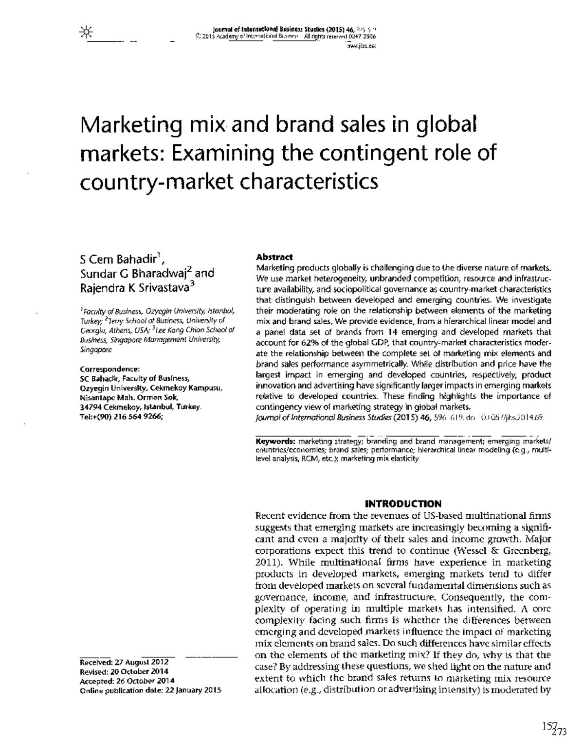 Marketing Mix and Brand Sales in Global Markets - * Journal of ...