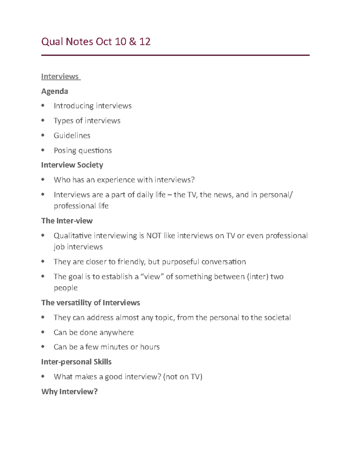 Qual Notes Oct 10 12 - • Introducing interviews • Types of interviews ...