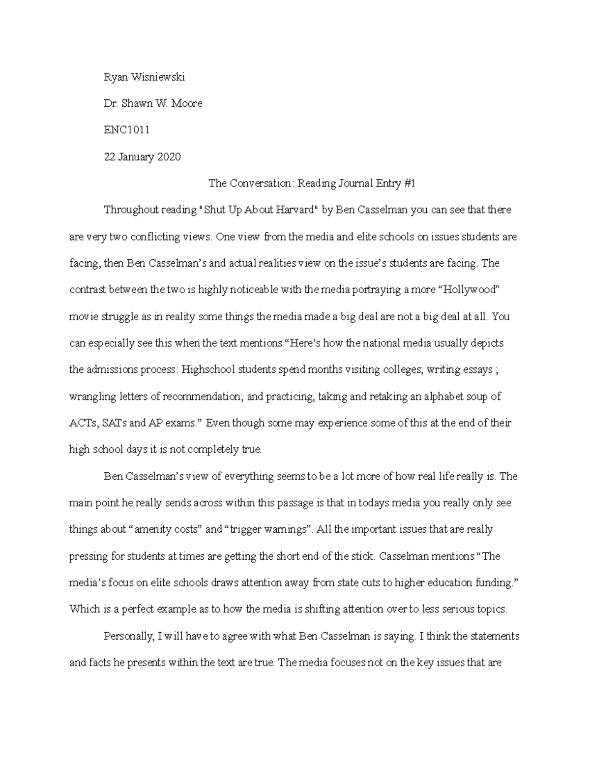 Ryan Wisniewski Journal Entry 1 ENC 1101 Florida SouthWestern Studocu