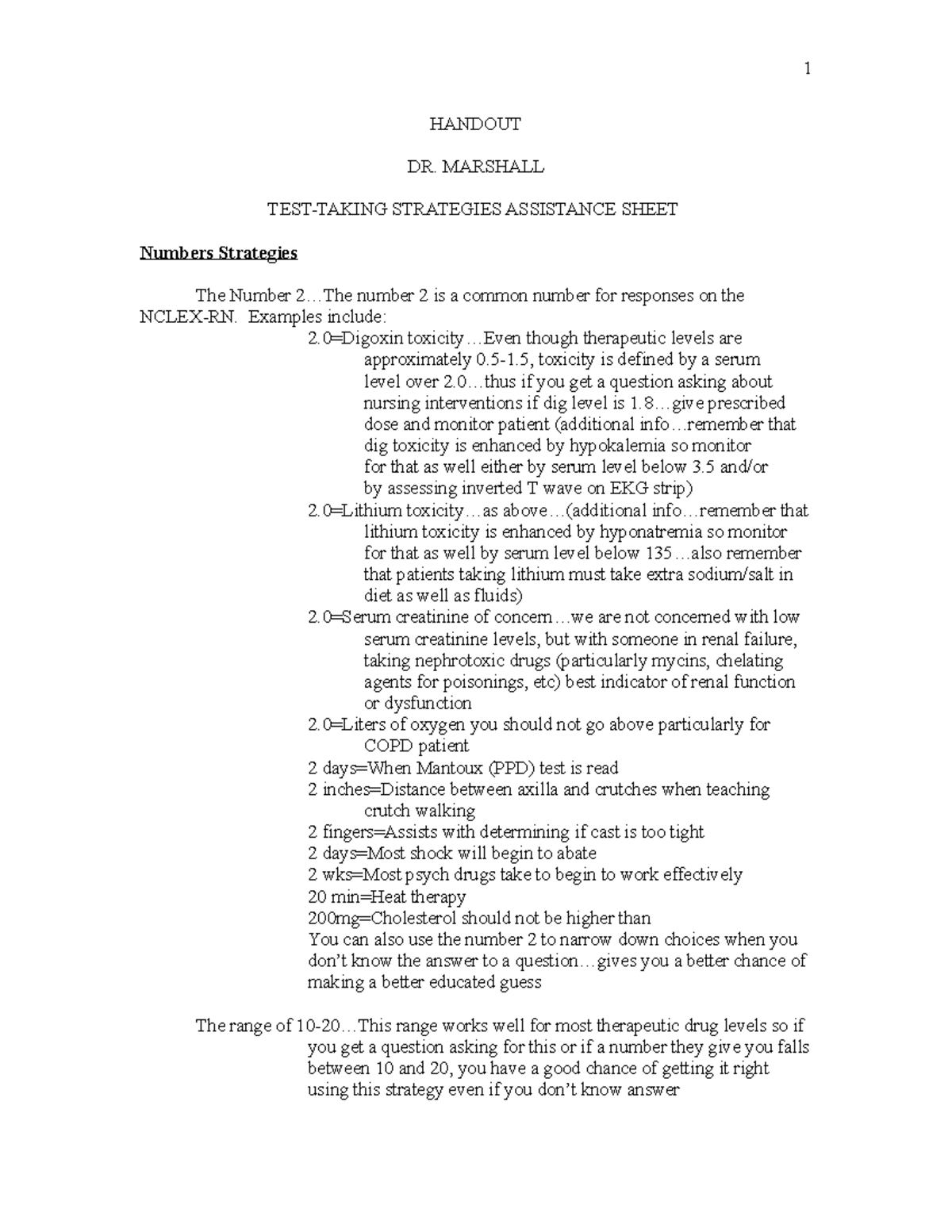 Testtakingstrategiessheetmarshall LM 2022 (c)-1 - HANDOUT DR. MARSHALL ...