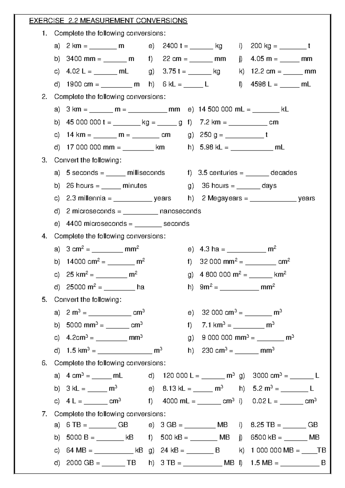 2.2 Measurement Conversions - EXERCISE 2 .2 MEASUREMENT CONVERSIONS ...