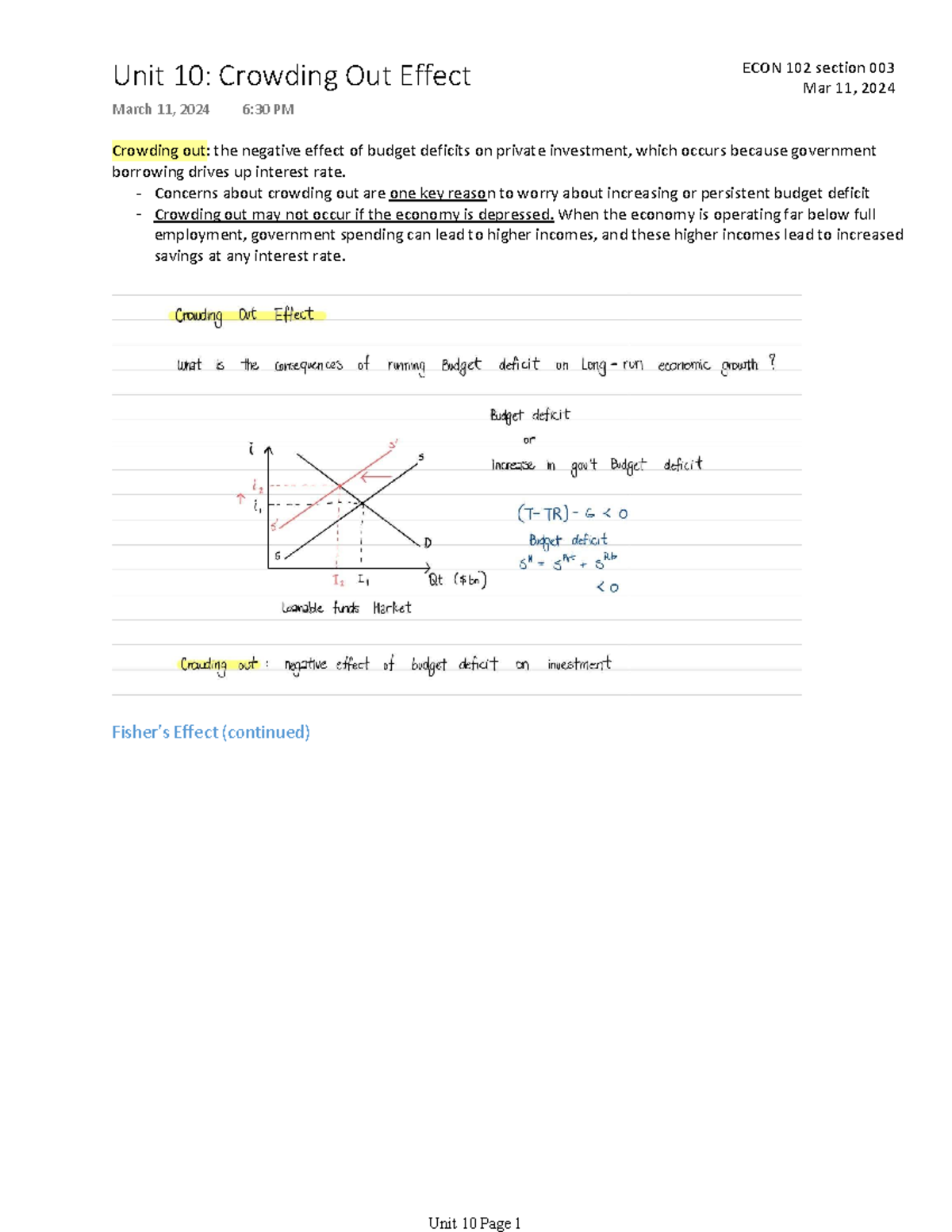 Mar 11, 2024 - Unit 10 Crowding Out - ECON 102 section 003 Mar 11, 2024 ...