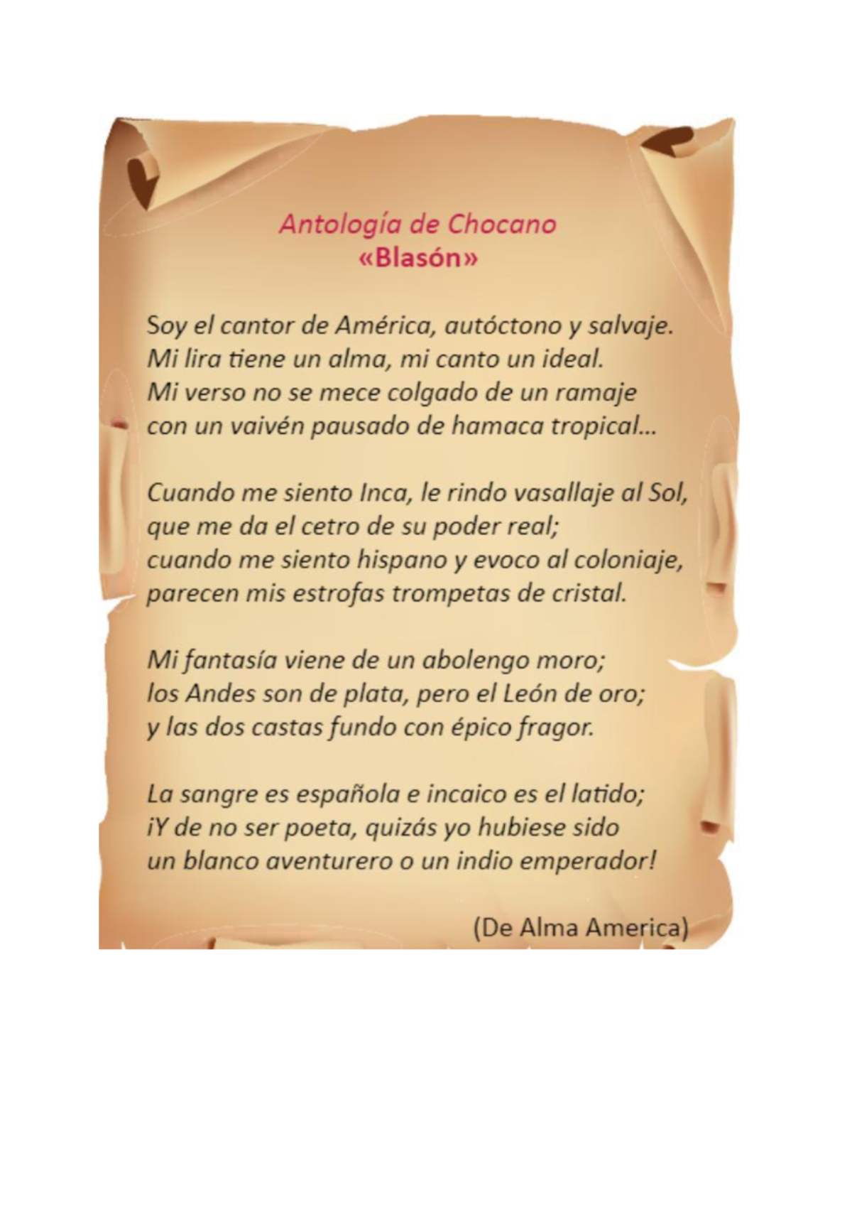 Poema - Antología de Chocano Soy el cantor de América, autóctono y ...