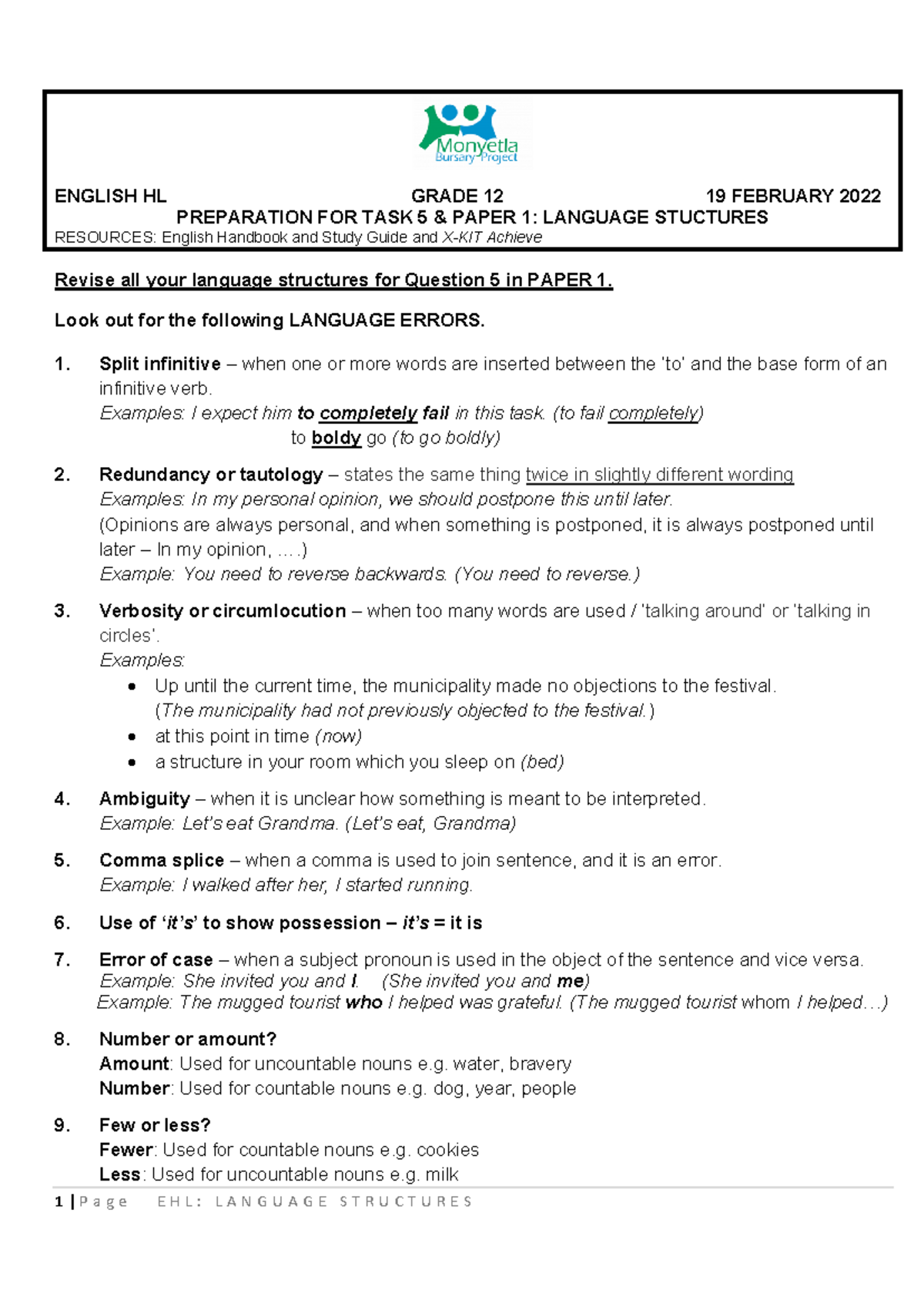 Language- Structures - This is a revision document to remind learners ...