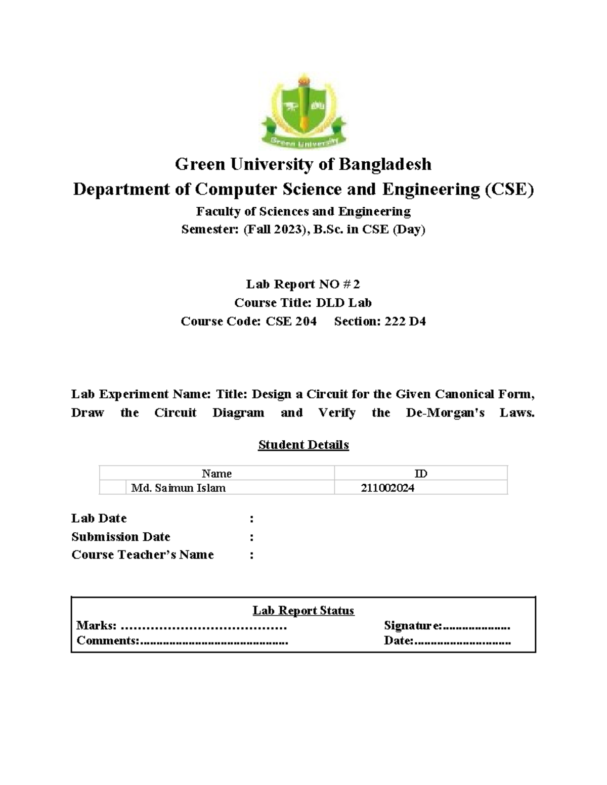 Lab Report Template - Green University of Bangladesh Department of ...