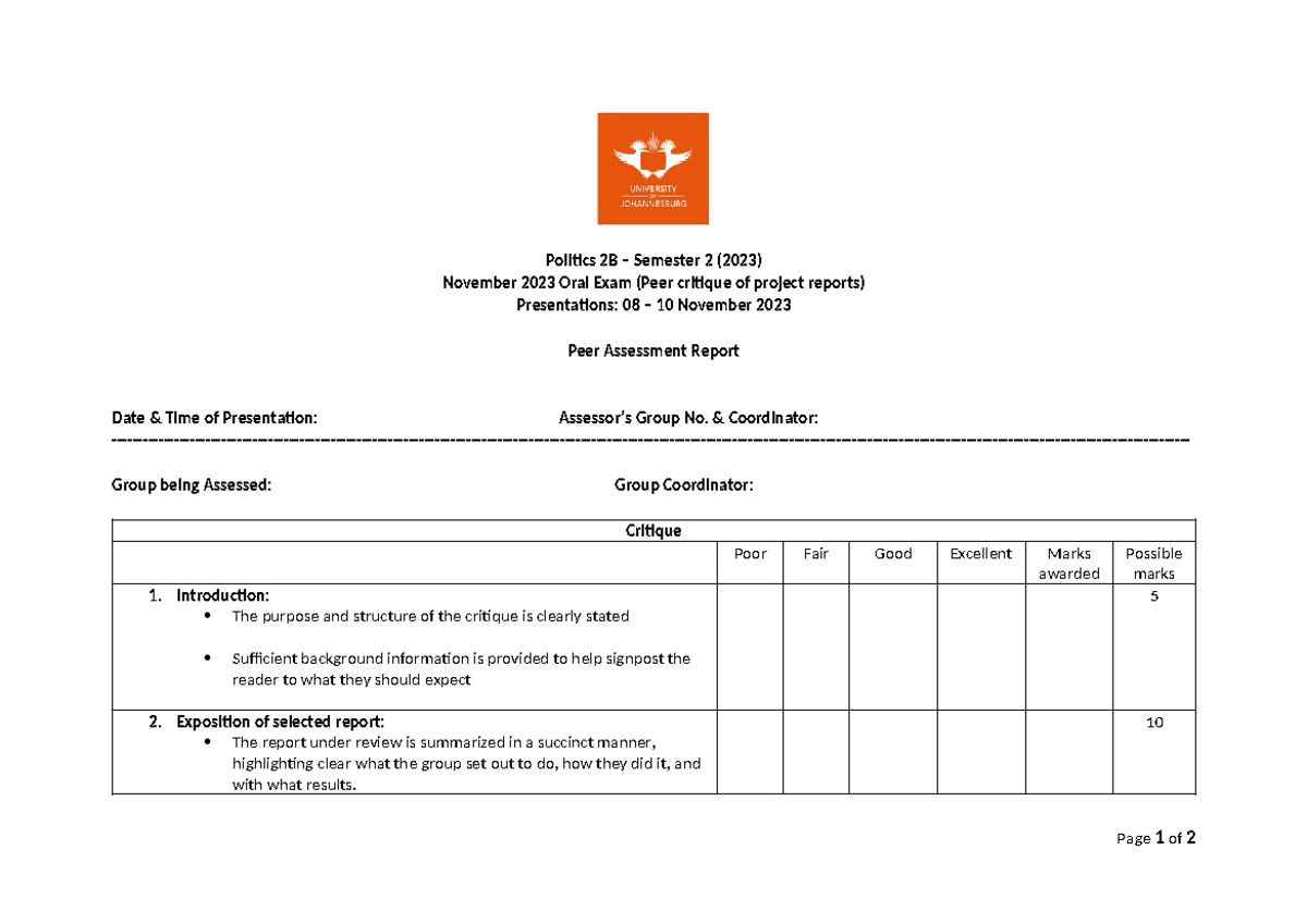 Politics 2B November 2023 Oral Exam Peer Assessors Report - Politics 2B ...
