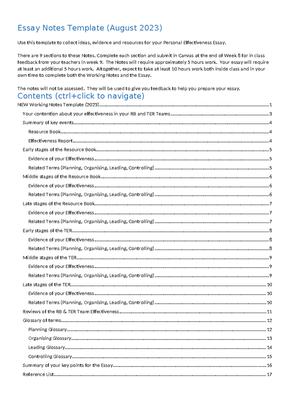 Essay Notes Template - There are 9 sections to these Notes. Complete ...