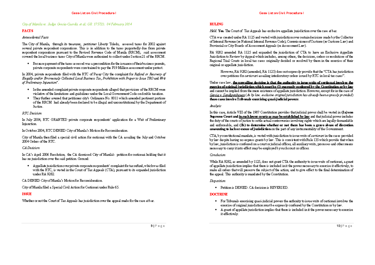 City of Manila v. Judge Garcia-Cuerdo Case Digest (Civil Procedure ...