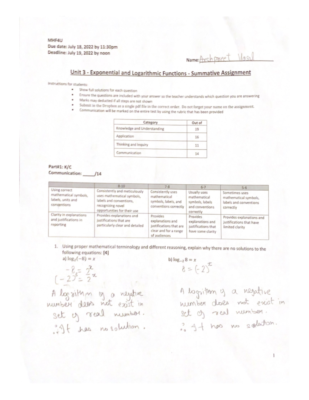 Unit 3 Exponential and Logarithmic Functions - Do not forget your name ...