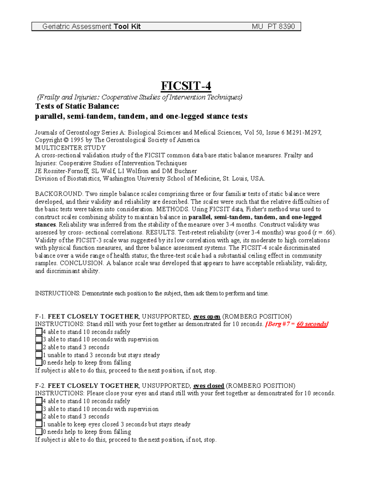 Ficsit-4 TEST - Evaluación - Geriatric Assessment Tool Kit MU PT 8390 ...