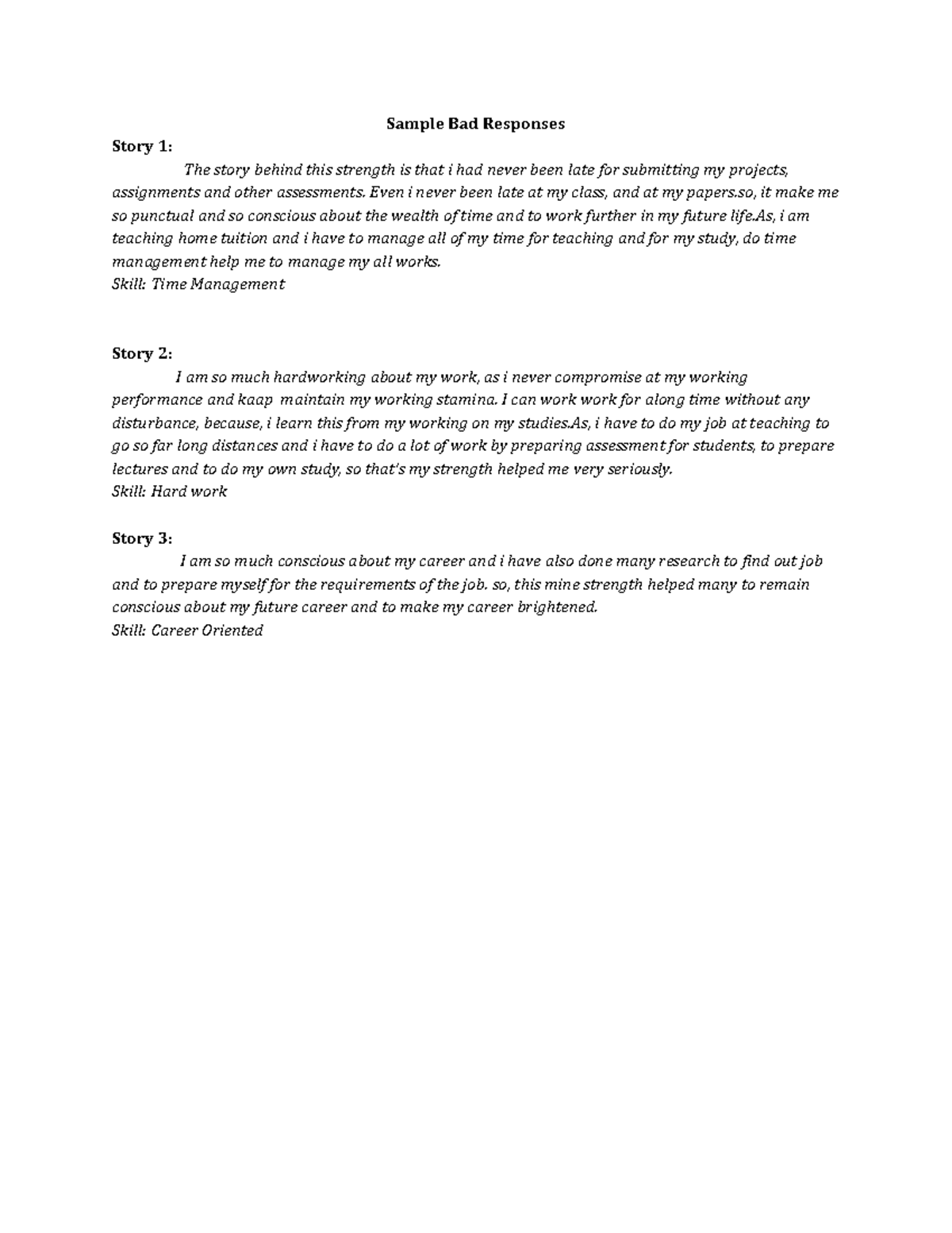 Storyspecific Sample Bad Responses - Sample Bad Responses Story 1: The ...
