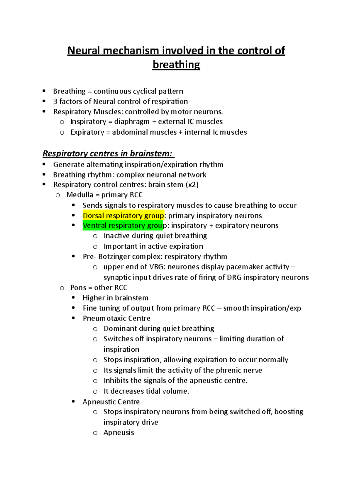 Control of breathing - Lecture notes - Neural mechanism involved in the ...