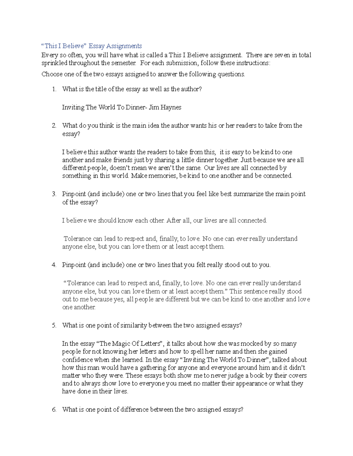 This I Believe 4 Simmons Natalie - “This I Believe” Essay Assignments ...