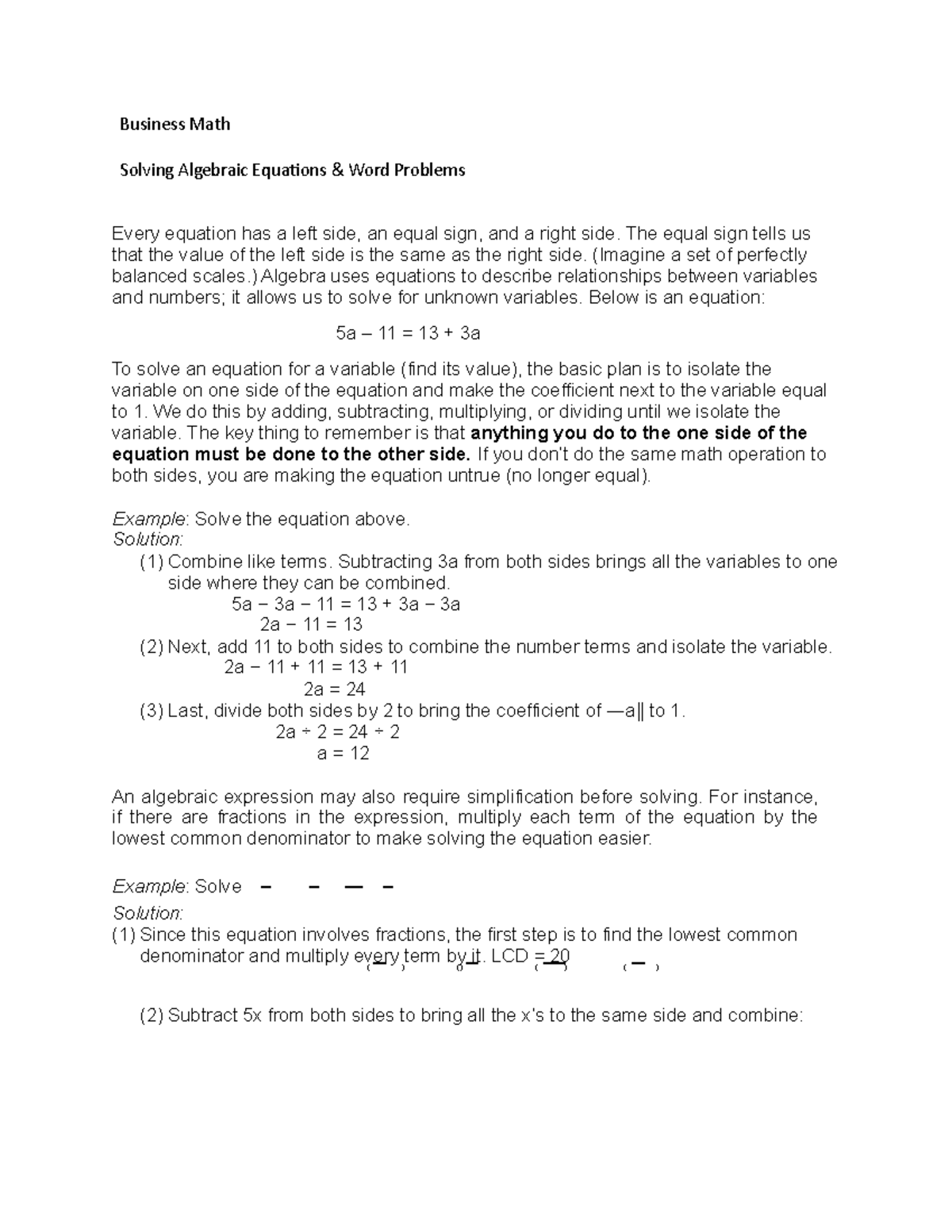 Word Problems - Business Math Solving Algebraic Equations & Word ...