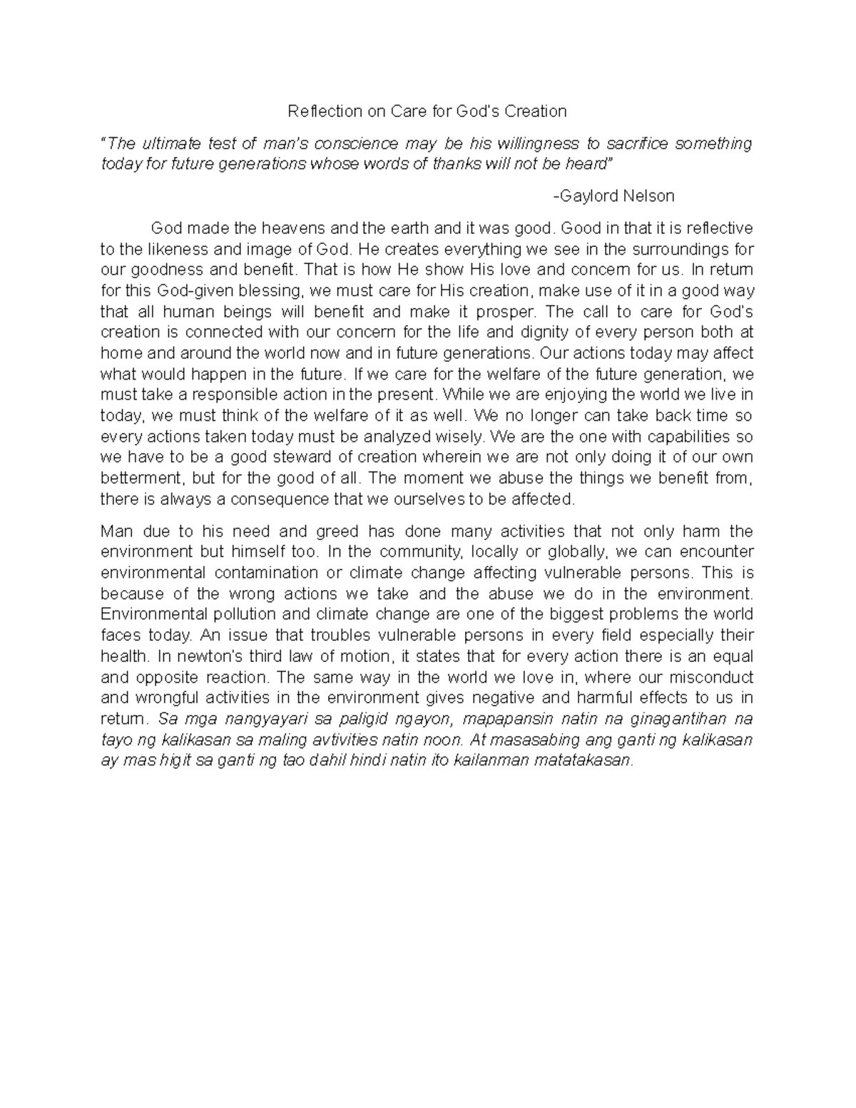 Theo3 cst care for creation - Reflection on Care for God’s Creation ...