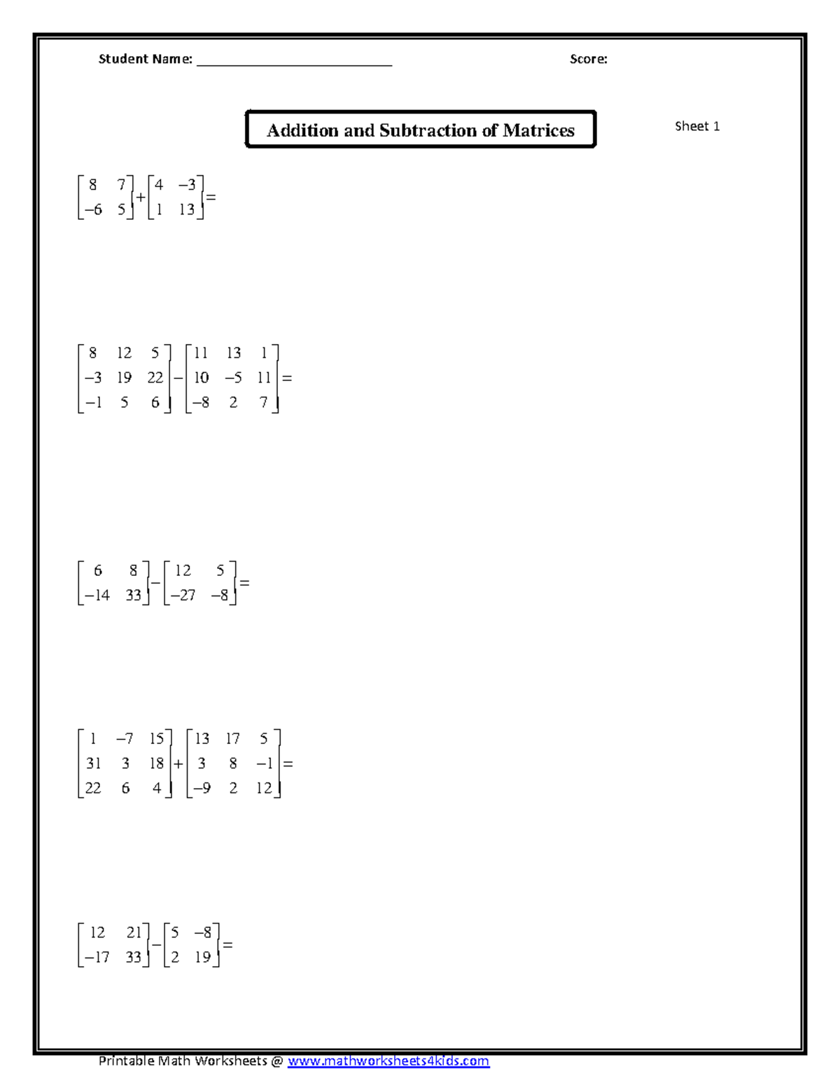 Adding and Subtracting - Matrix - Student Name ...
