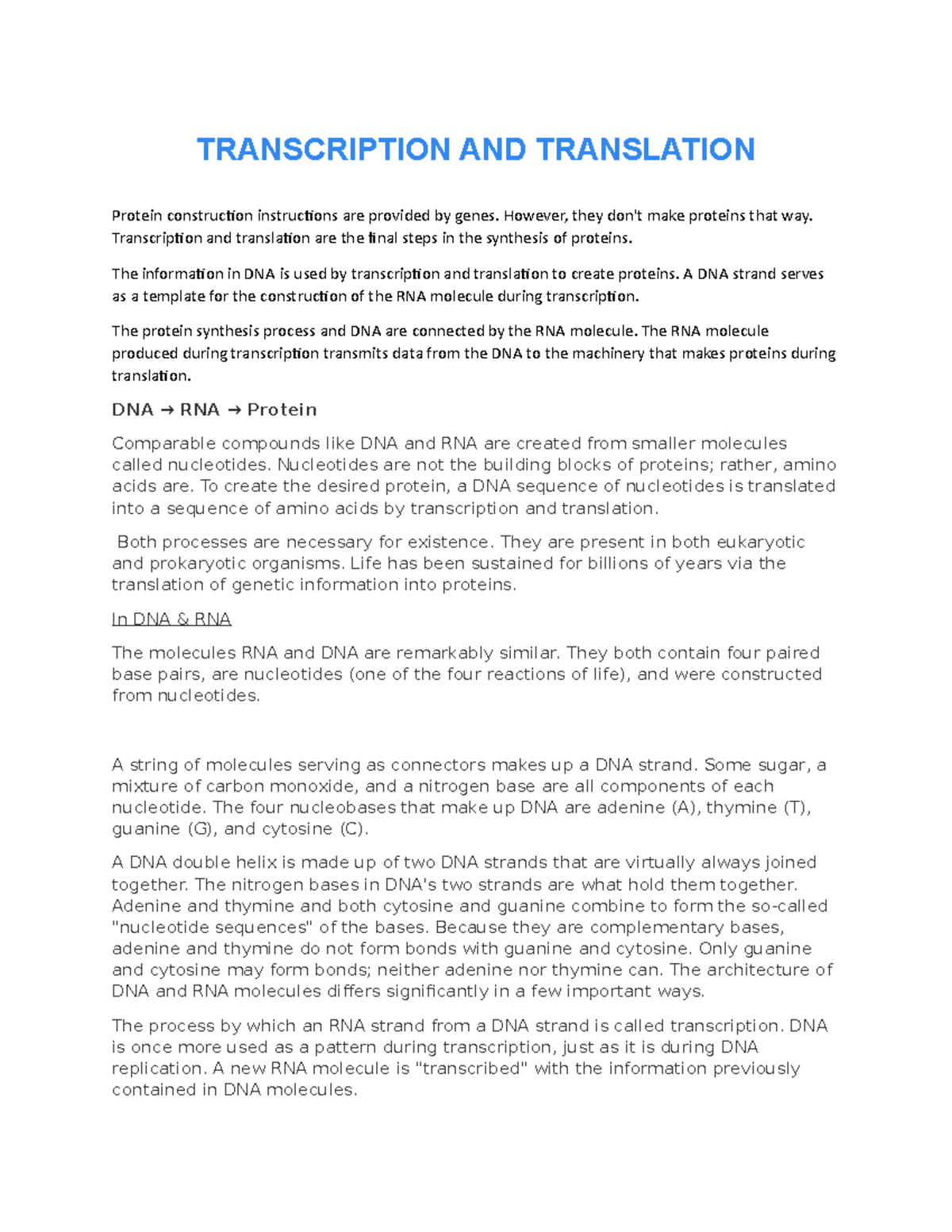 Biology Assignment 3 - TRANSCRIPTION AND TRANSLATION Protein ...