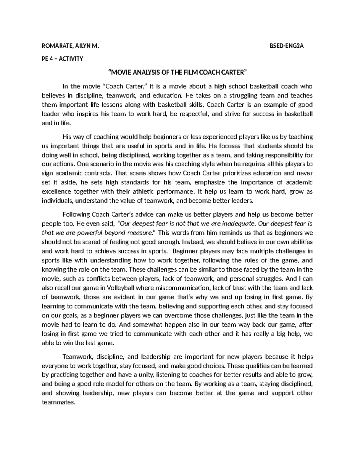 Coach- Carter - ROMARATE, AILYN M. BSED-ENG2A PE 4 – ACTIVITY “MOVIE ...