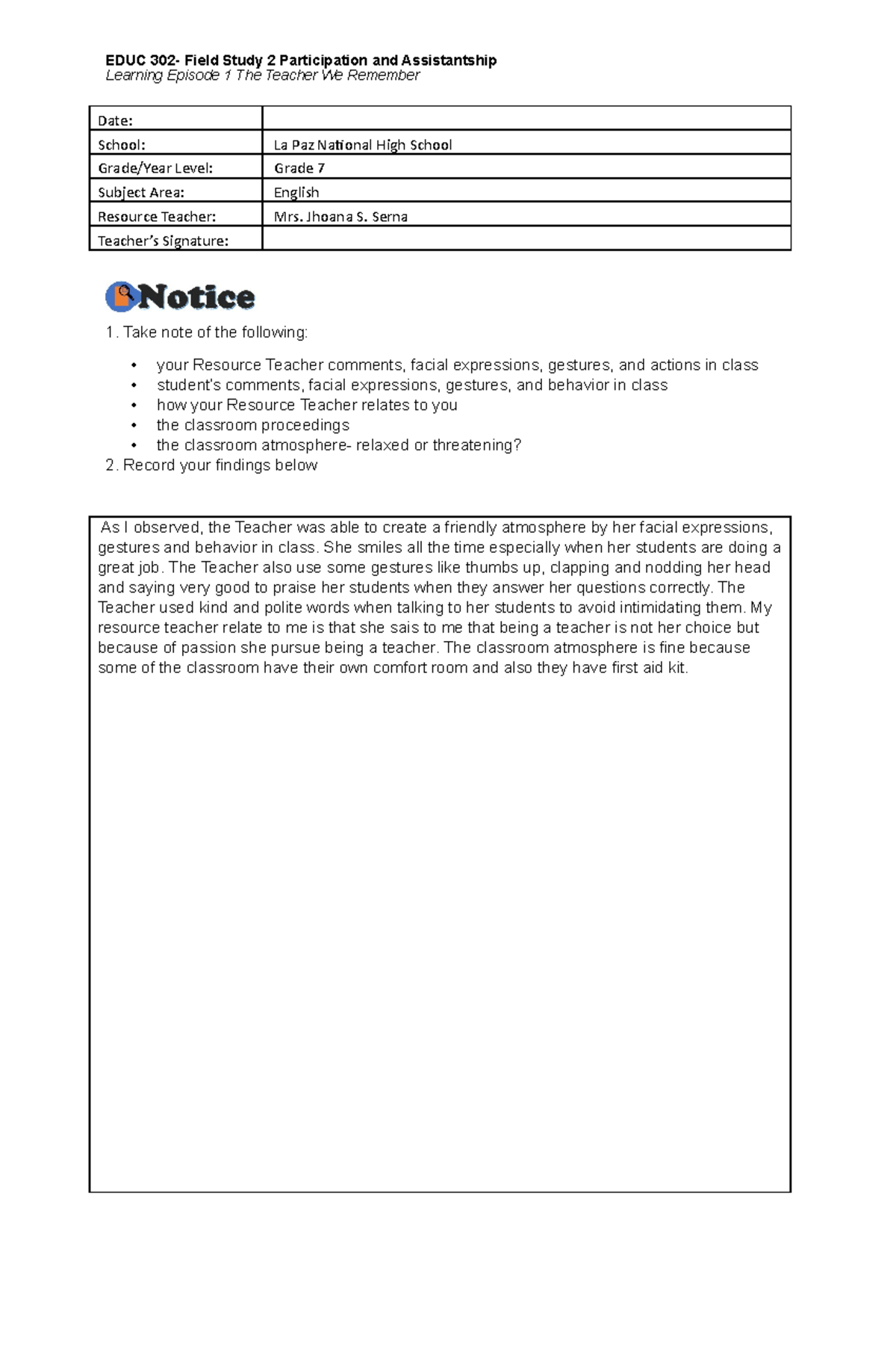 Field Study-2 LE-1- Pascua - EDUC 302- Field Study 2 Participation and ...