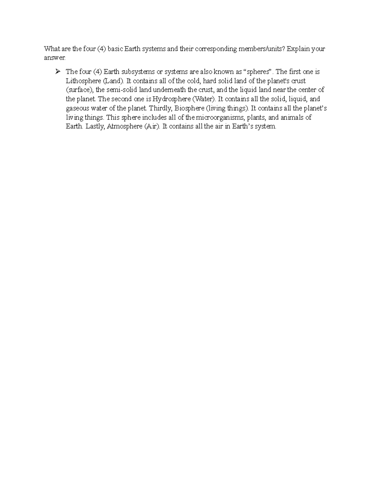 Question number 2 - What are the four (4) basic Earth systems and their ...