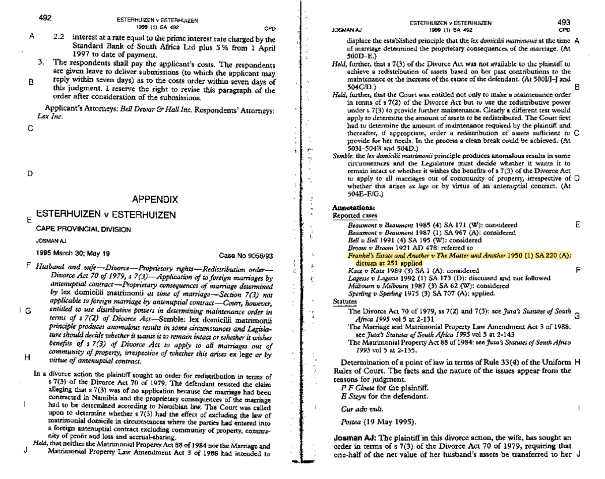 Esterhuizen cas - case - ####### 1999 (1) SA 492 CPD A 2 interest at a ...