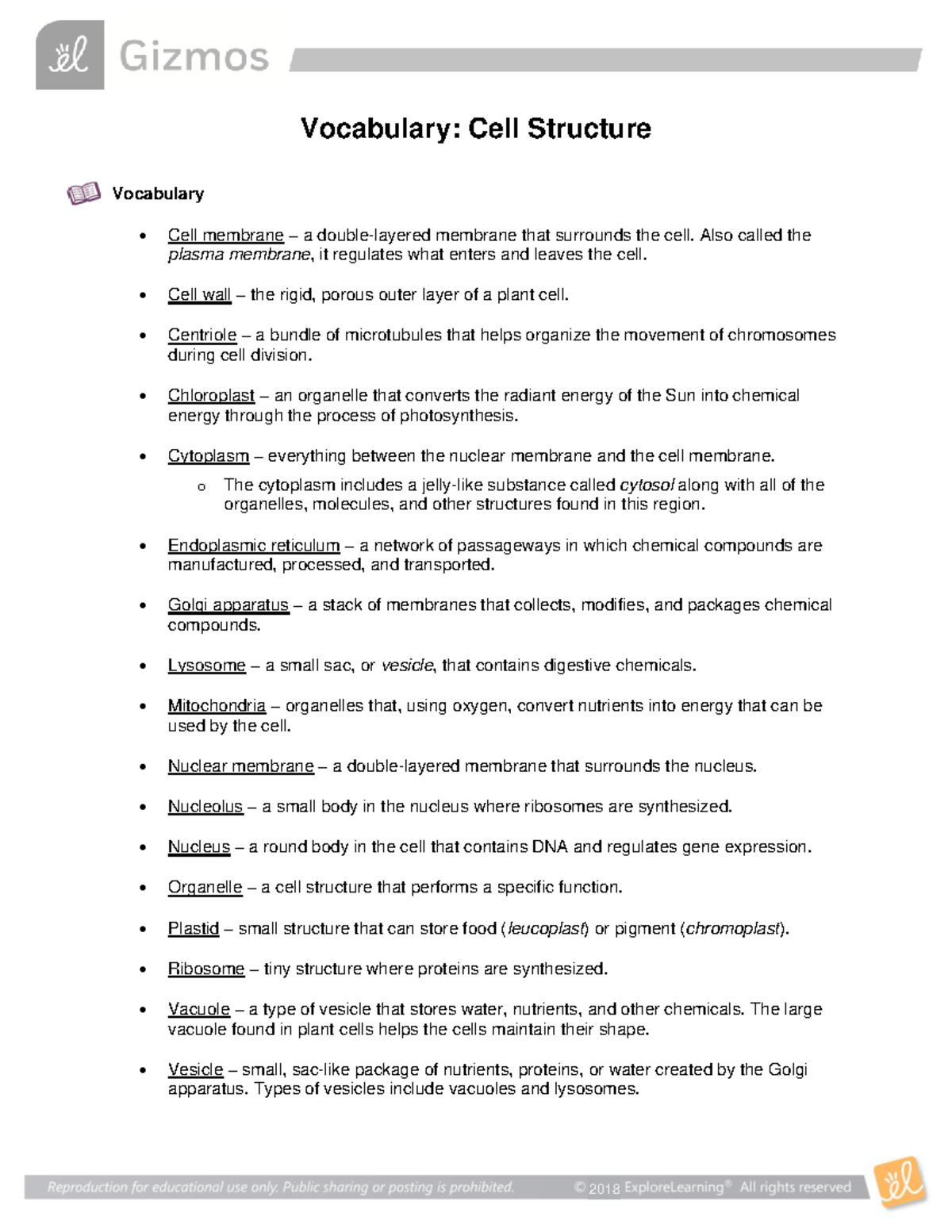 Cell Structure Vocab - 2018 Vocabulary: Cell Structure Vocabulary ...