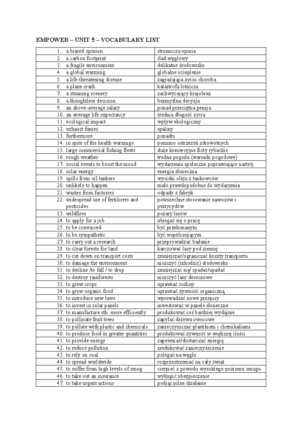 EMP - unit 5 - vocabulary list - EMPOWER – UNIT 5 – VOCABULARY LIST 1. a biased opinion ...