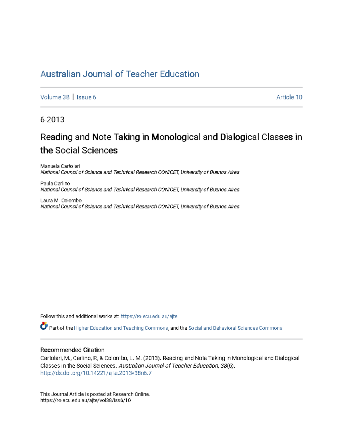 Reading and Note Taking in Monological and Dialogical Classes - Colombo ...