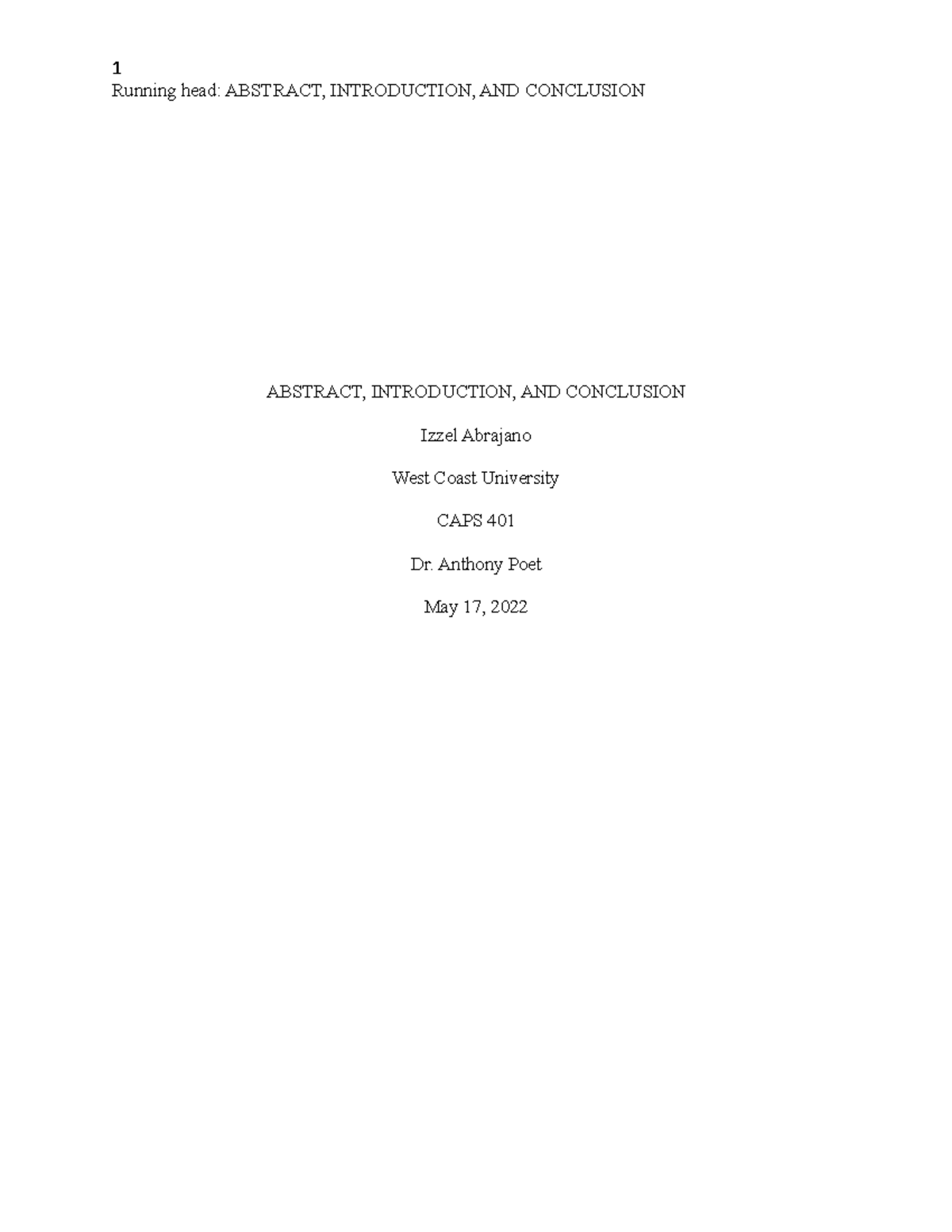 Abstract - Running head: ABSTRACT, INTRODUCTION, AND CONCLUSION ...